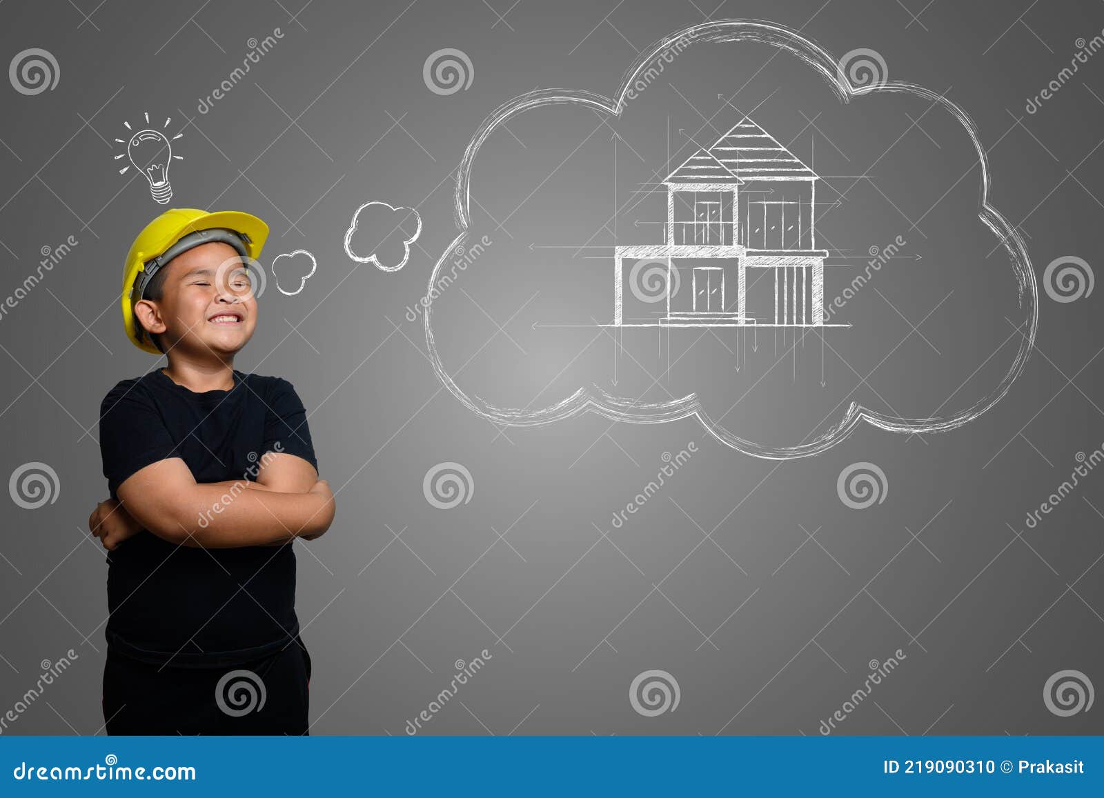 A Boy Wearing a Yellow Engineer Hat and a House Plan on a Blackboard ...