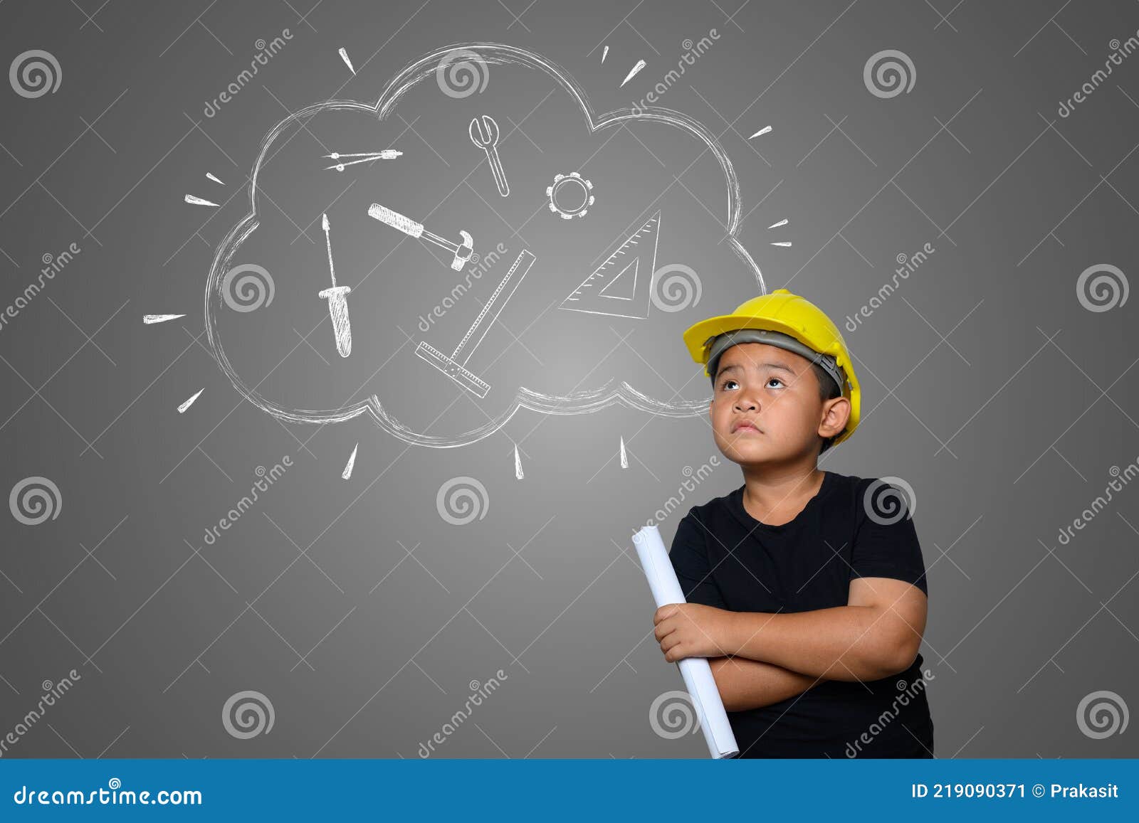 A Boy Wearing a Yellow Engineer Hat and a House Plan on a Blackboard ...