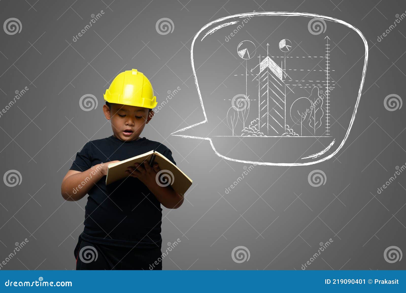 A Boy Wearing a Yellow Engineer Hat and a House Plan on a Blackboard ...