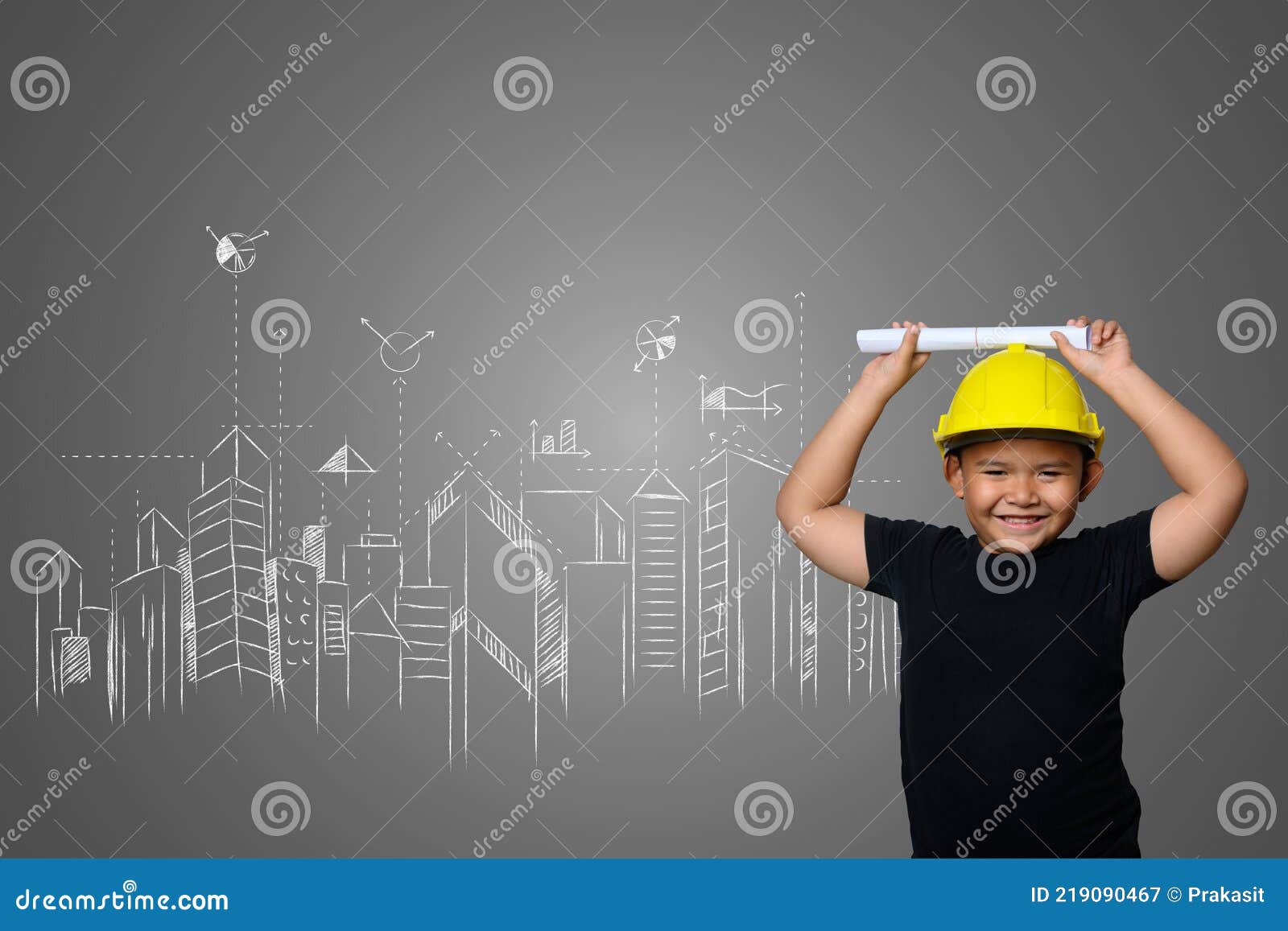 A Boy Wearing a Yellow Engineer Hat and a House Plan on a Blackboard ...