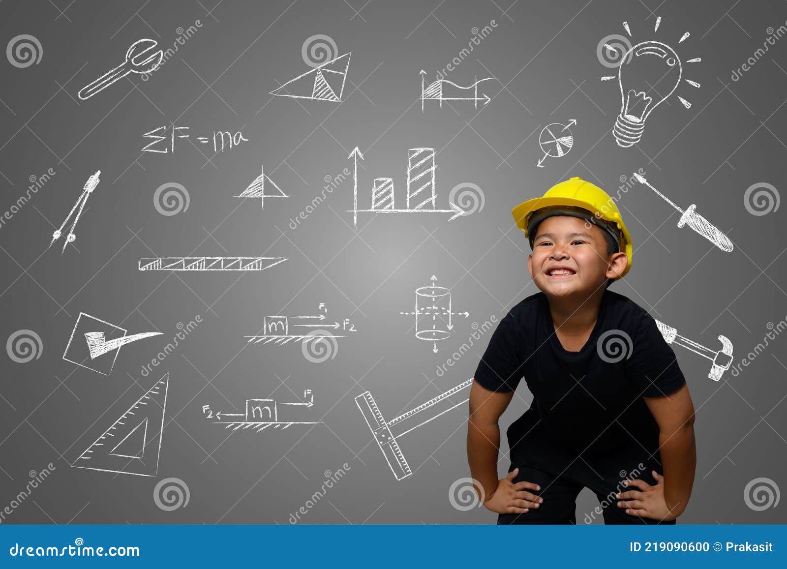 A Boy Wearing a Yellow Engineer Hat and a House Plan on a Blackboard ...
