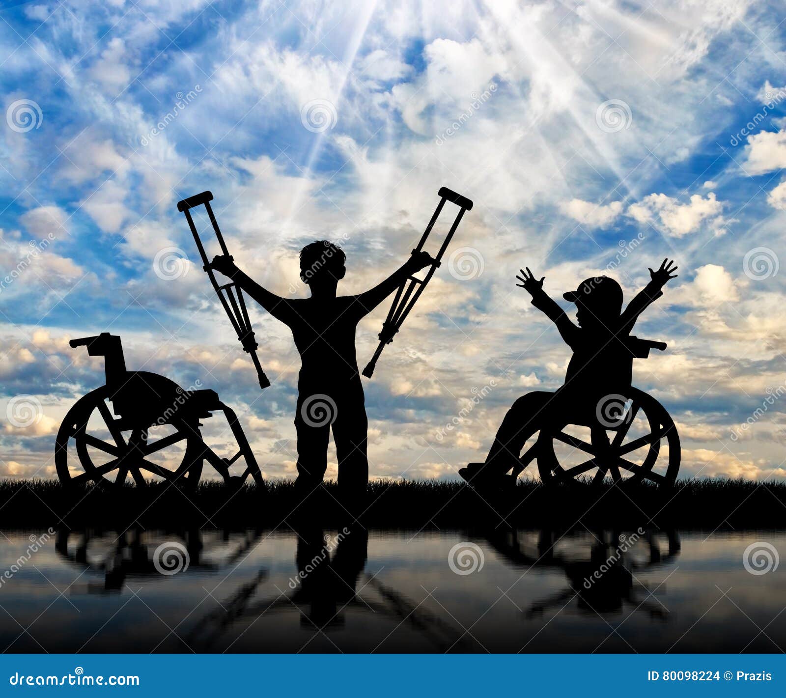 Boy in Wheelchair and Disabled Boy Standing with Crutches Day Stock ...