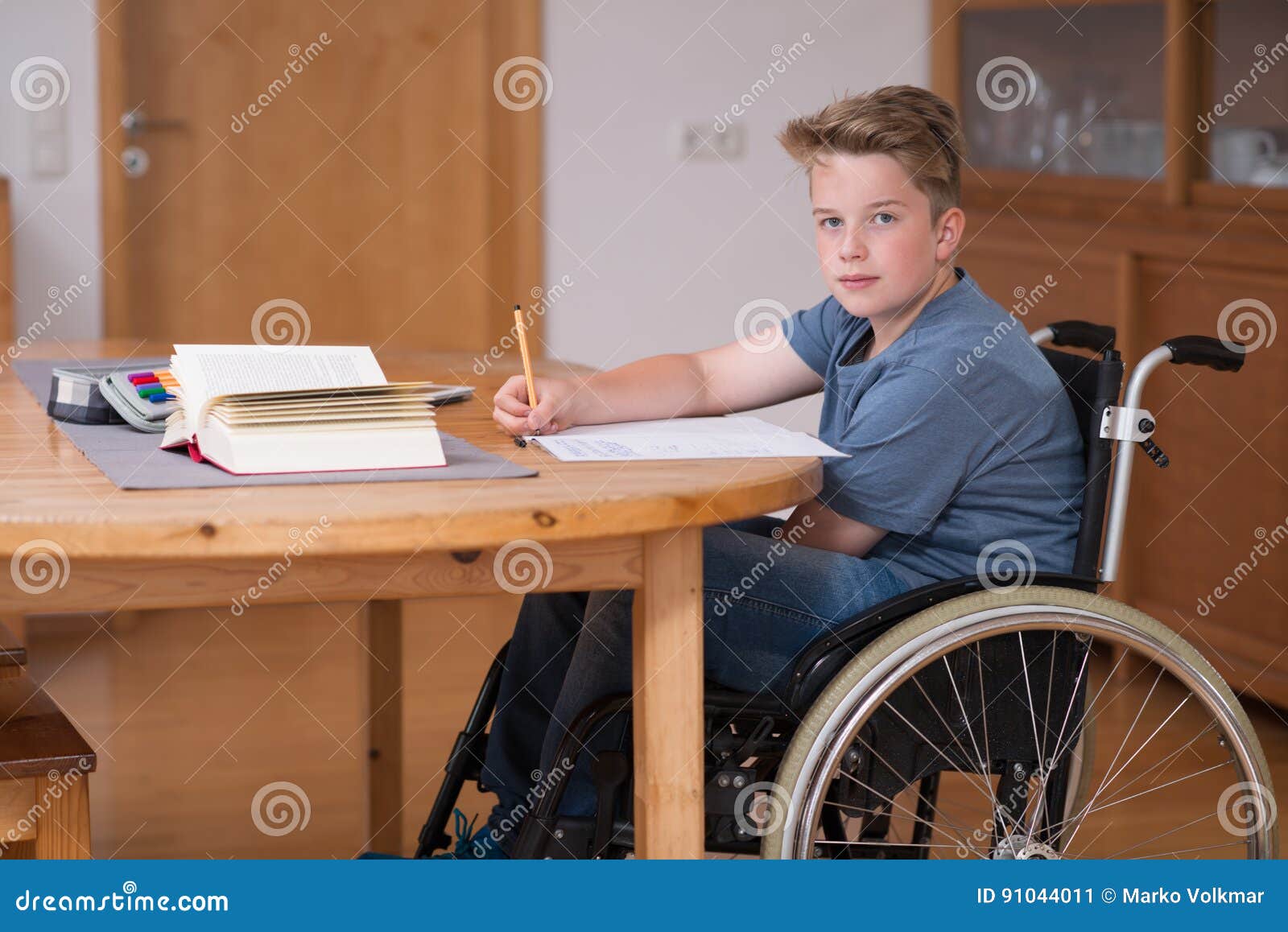 Boy in Wheelchair Doing Homework Stock Image - Image of living, student ...