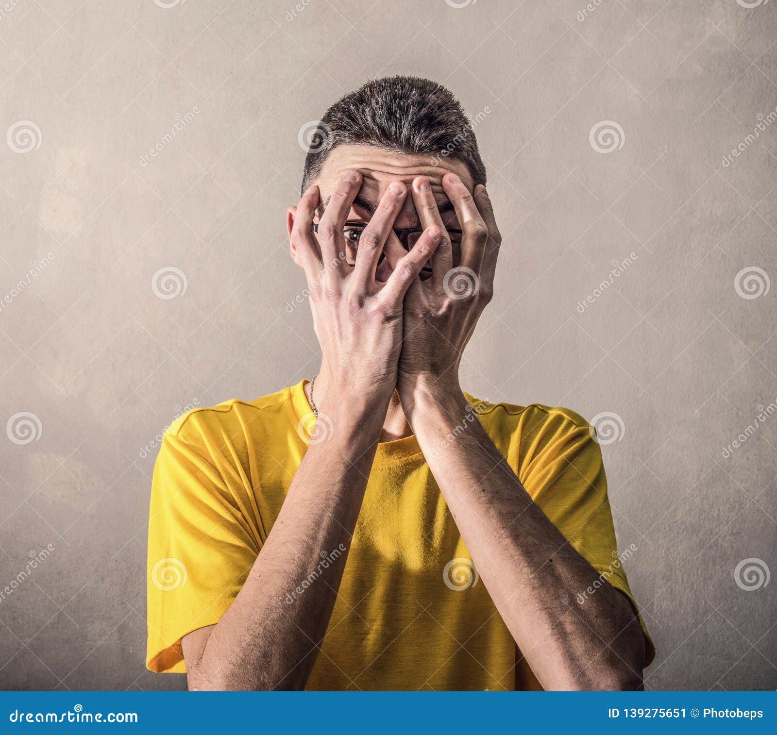 Boy Who is Afraid and Puts His Hands on His Face Stock Image - Image of ...