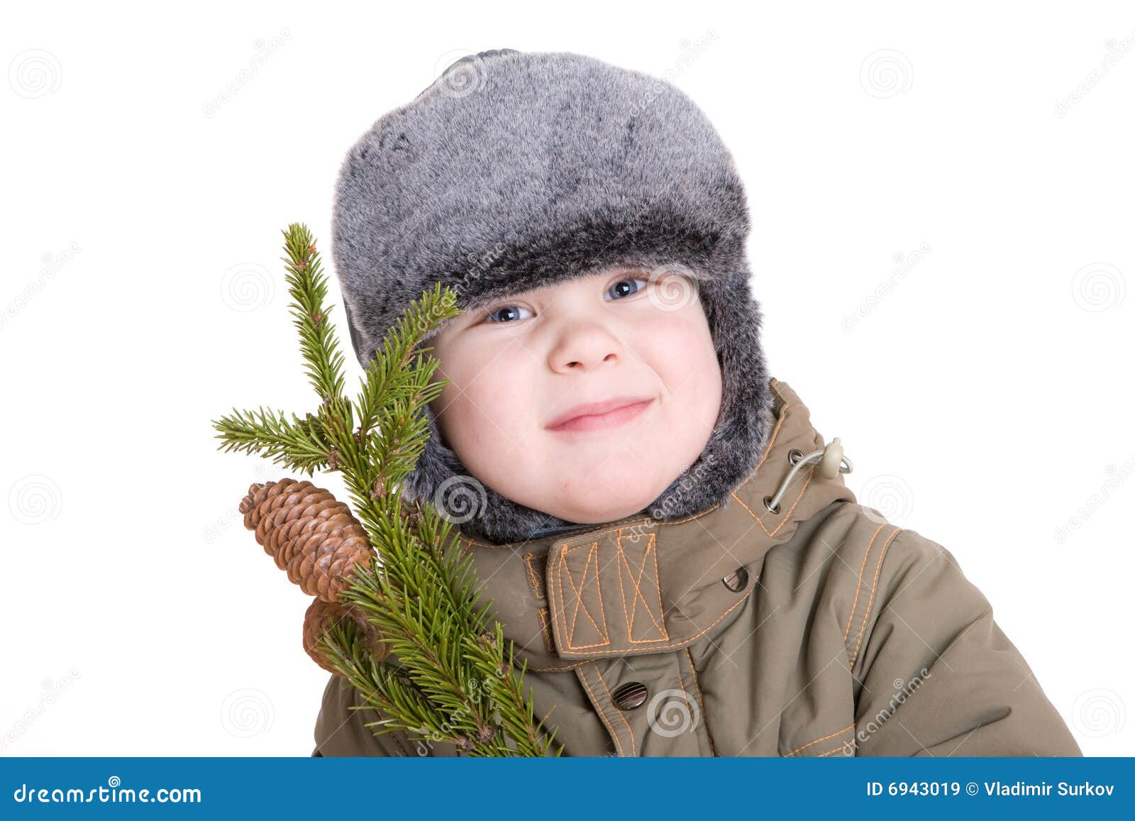 Boy in Winter Coat with a Branch of Fur Tree Stock Image - Image of ...