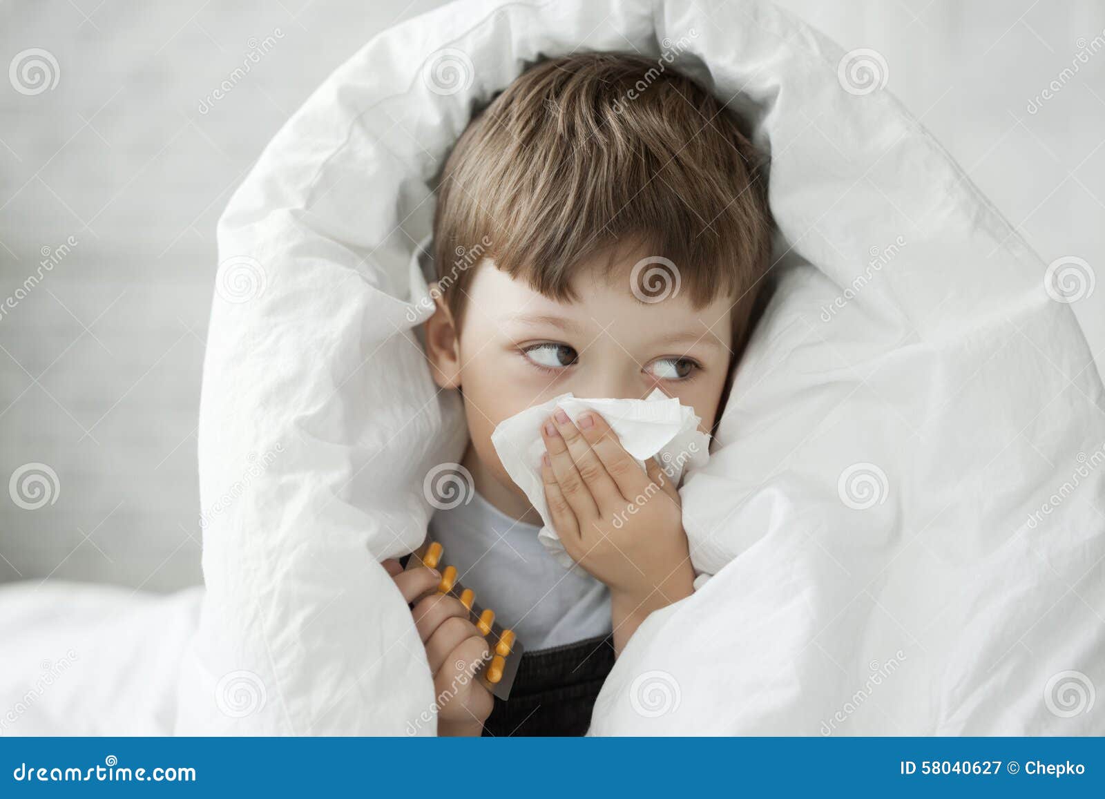 Boy Wipes His Nose with Tissue Stock Image - Image of coughing, beauty ...