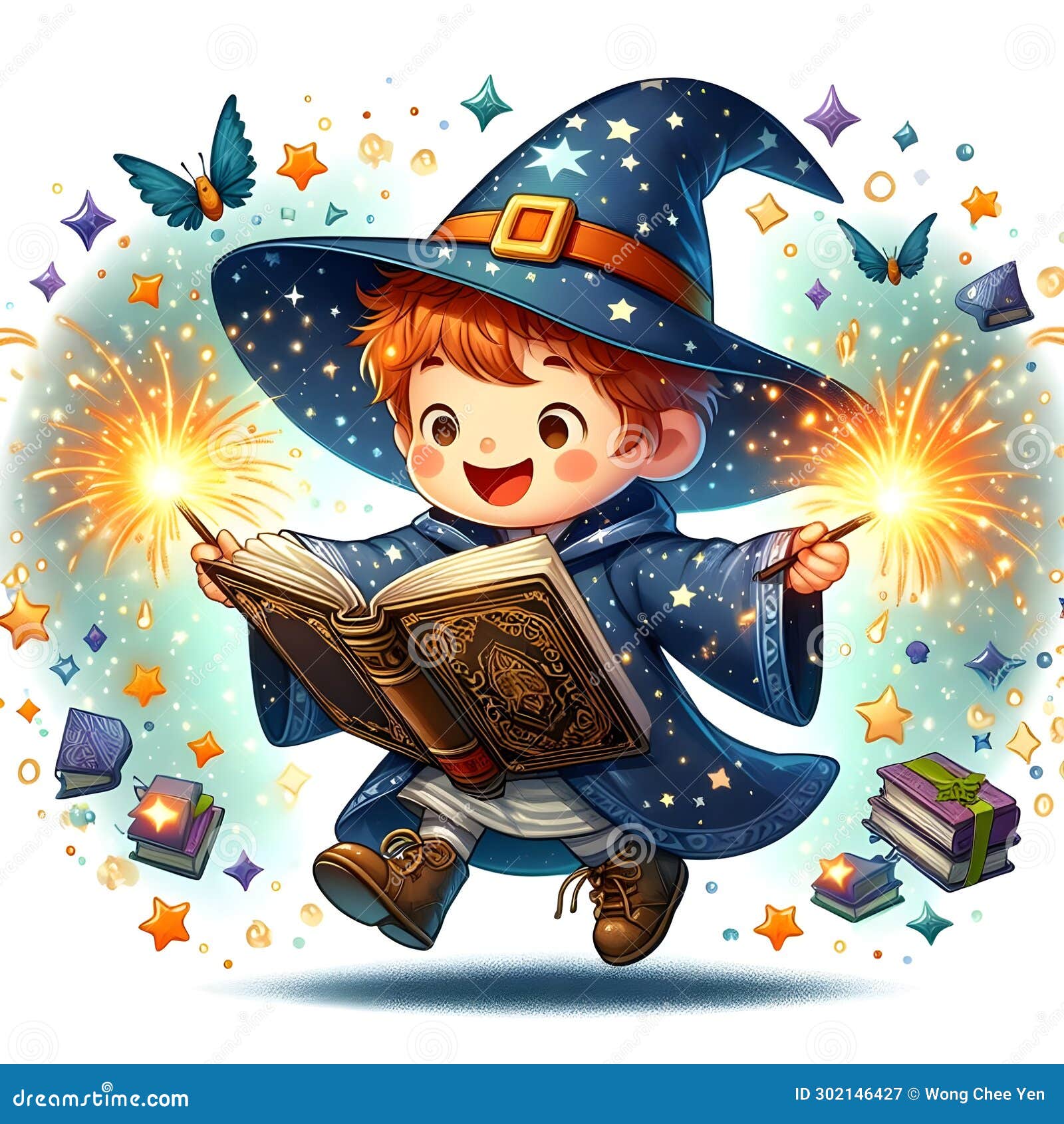Boy With Wizard Costume Hat And Magical Book Illustration Royalty-Free ...
