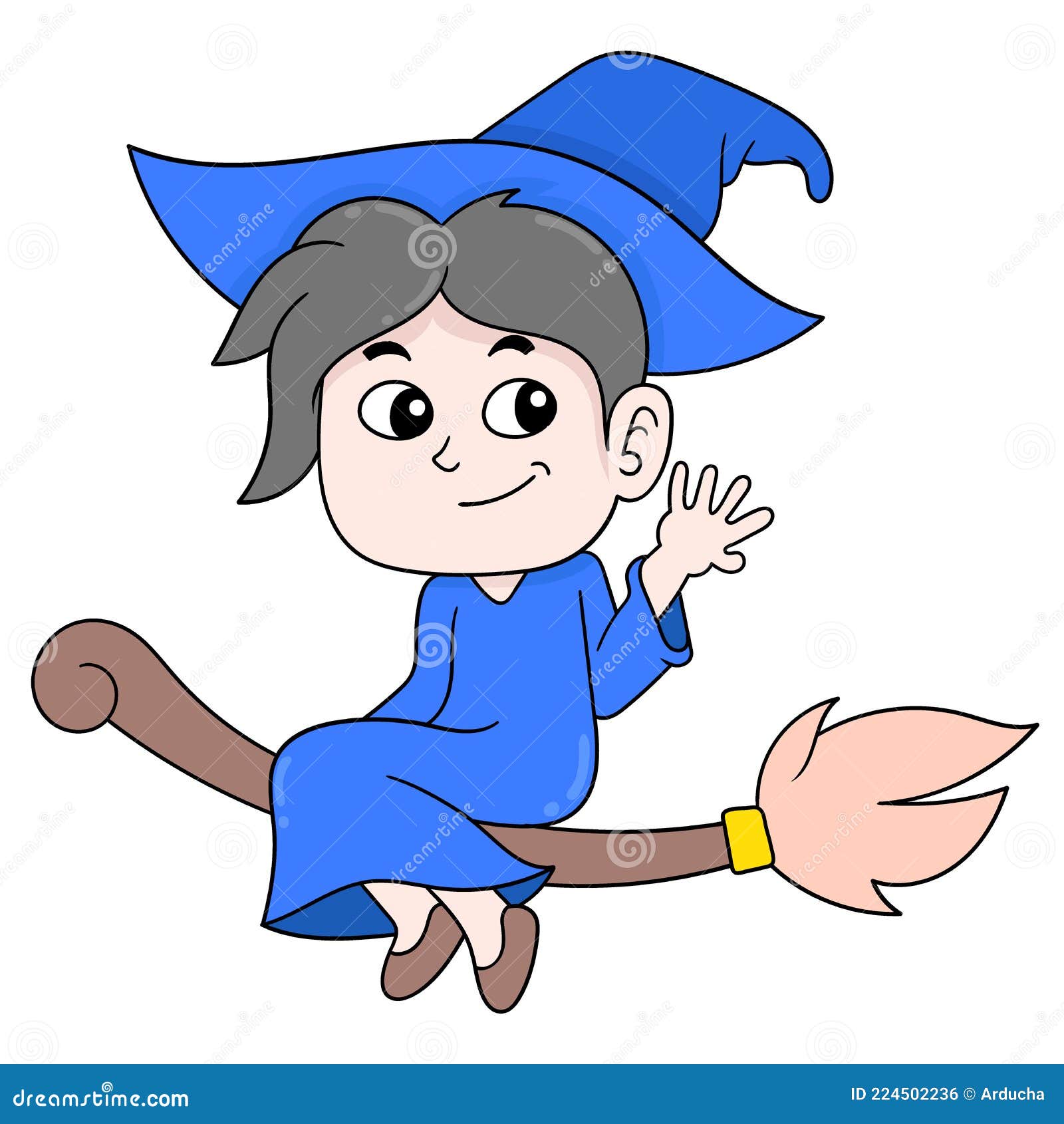 Boy Wizard Flying on a Magic Broom, Doodle Icon Image Kawaii Stock ...