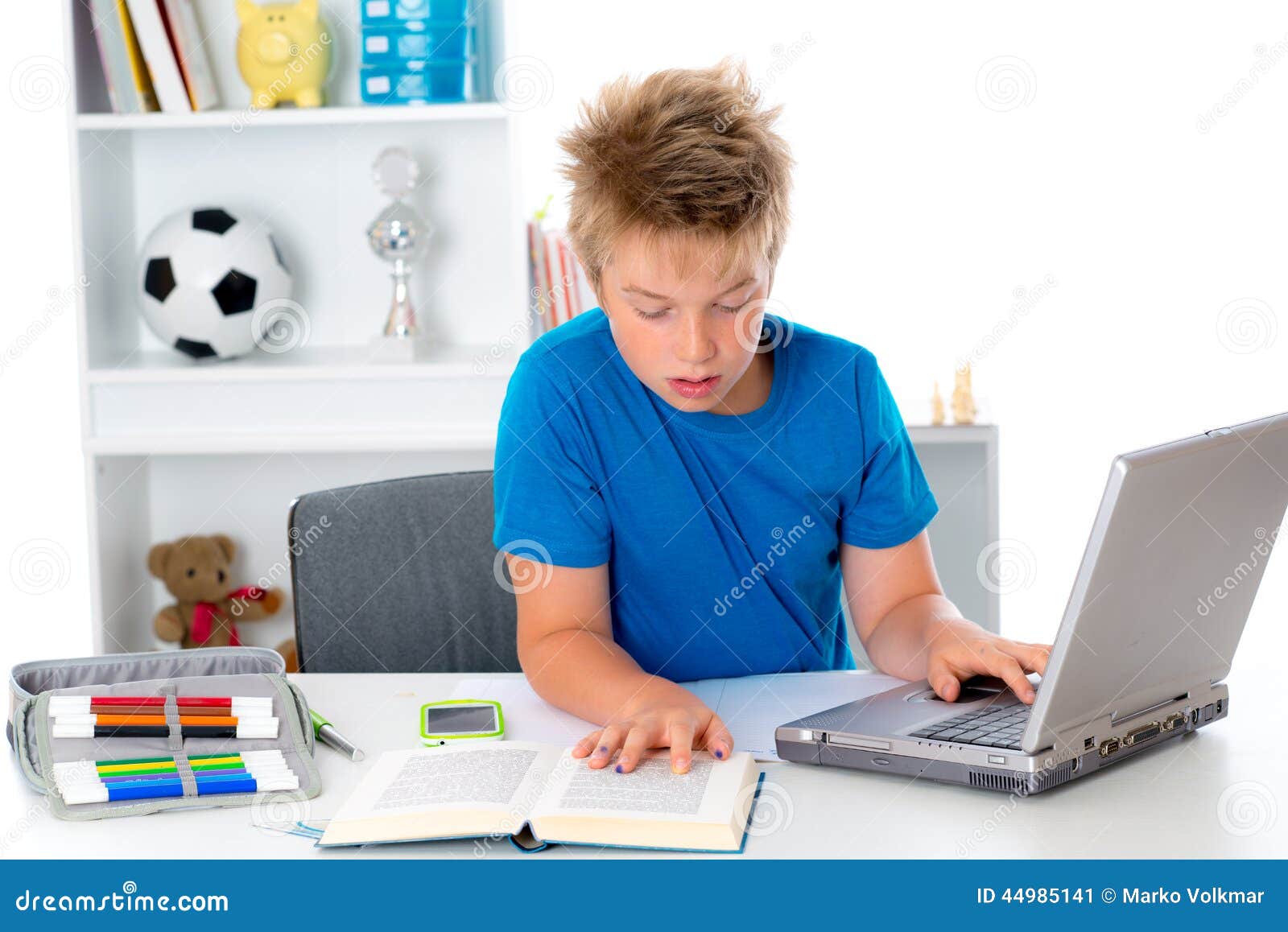 Boy is Working with Book and Computer Stock Image - Image of notebook ...