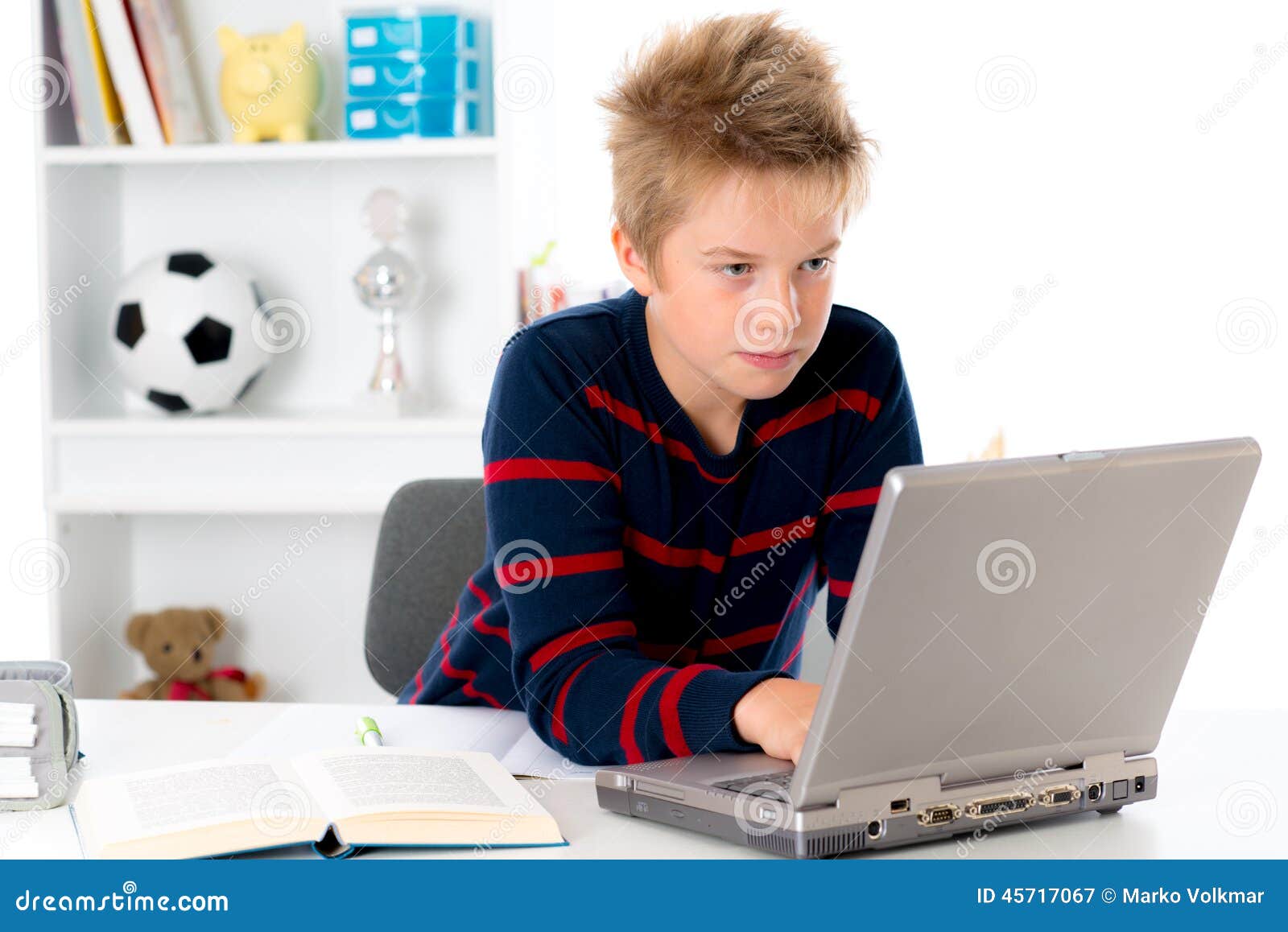 Boy is Working with Book and Computer Stock Image - Image of home ...