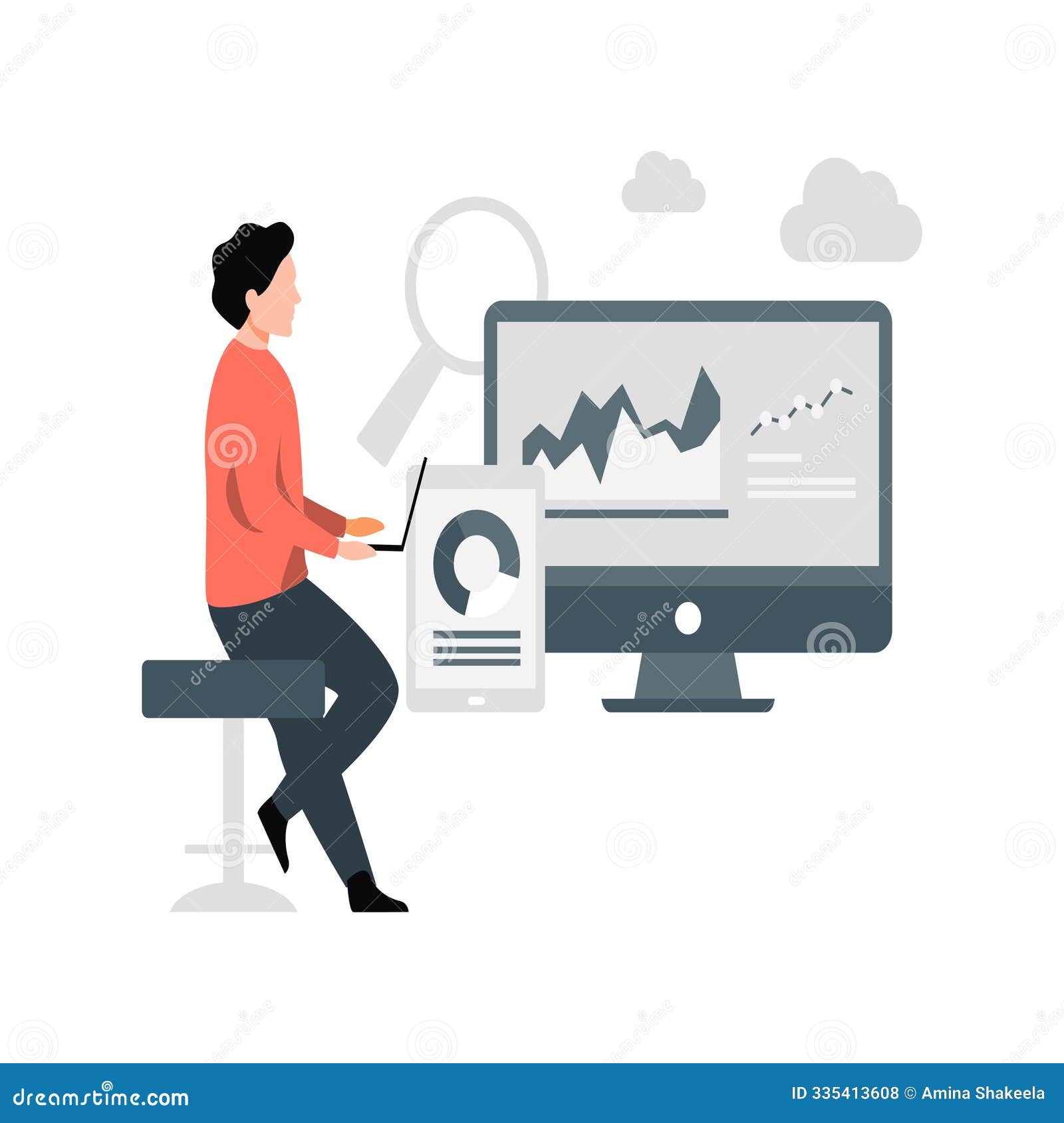 The Boy is Working on Business Analytics Stock Illustration ...