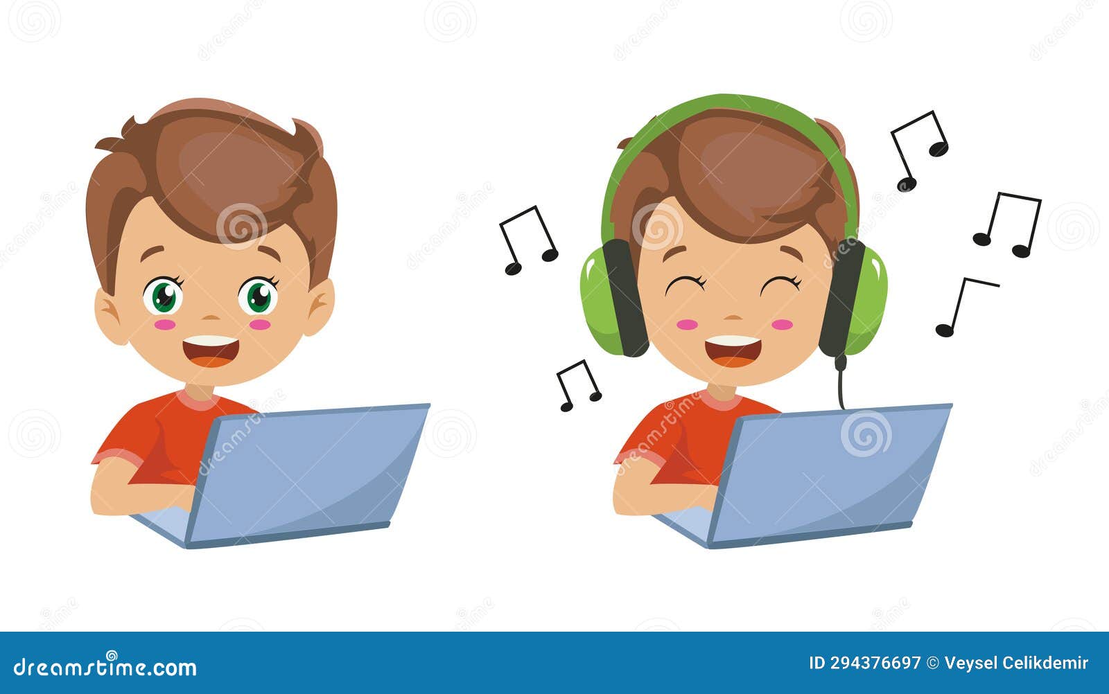 Boy Working Computer and Boy Listening To Music Stock Vector ...