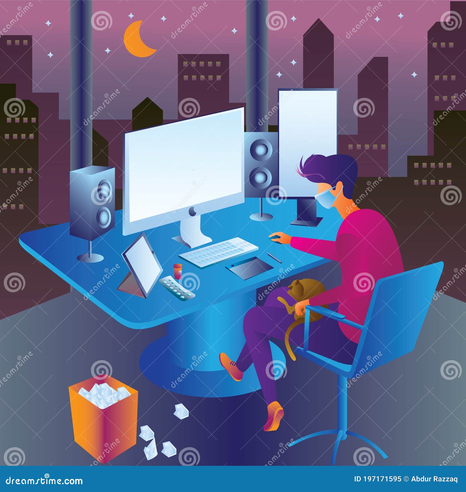 A Boy Working on Computer at Night Illustration Concept, Designer ...