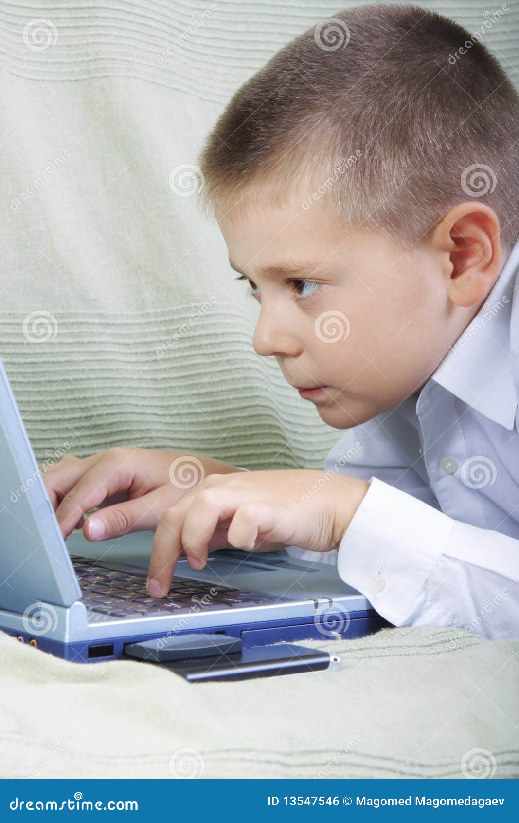 Boy working on laptop stock photo. Image of shirt, computer - 13547546