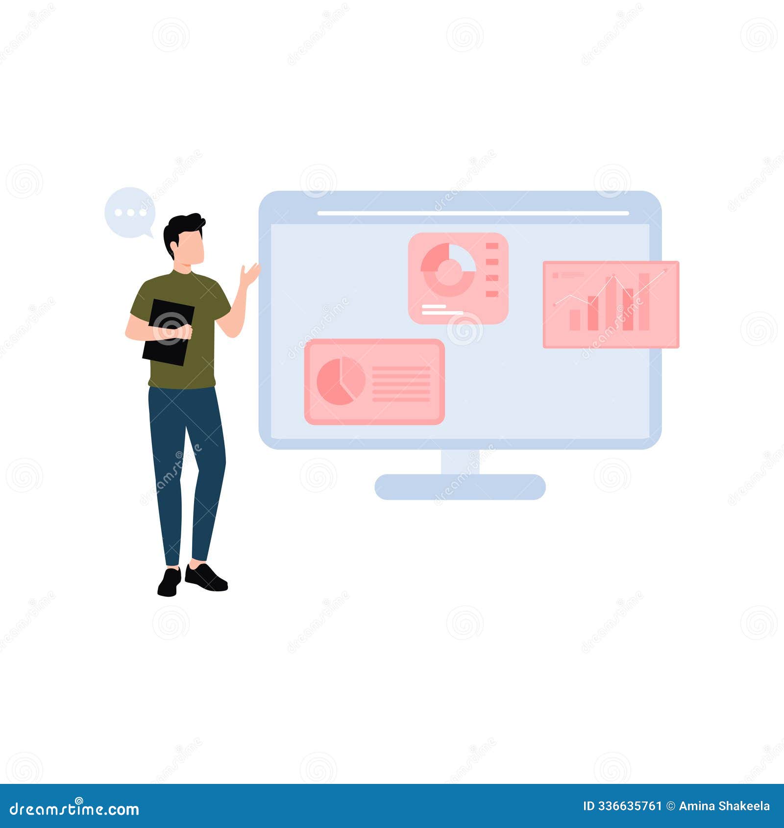 The Boy is Working on the Monitor Stock Illustration - Illustration of ...