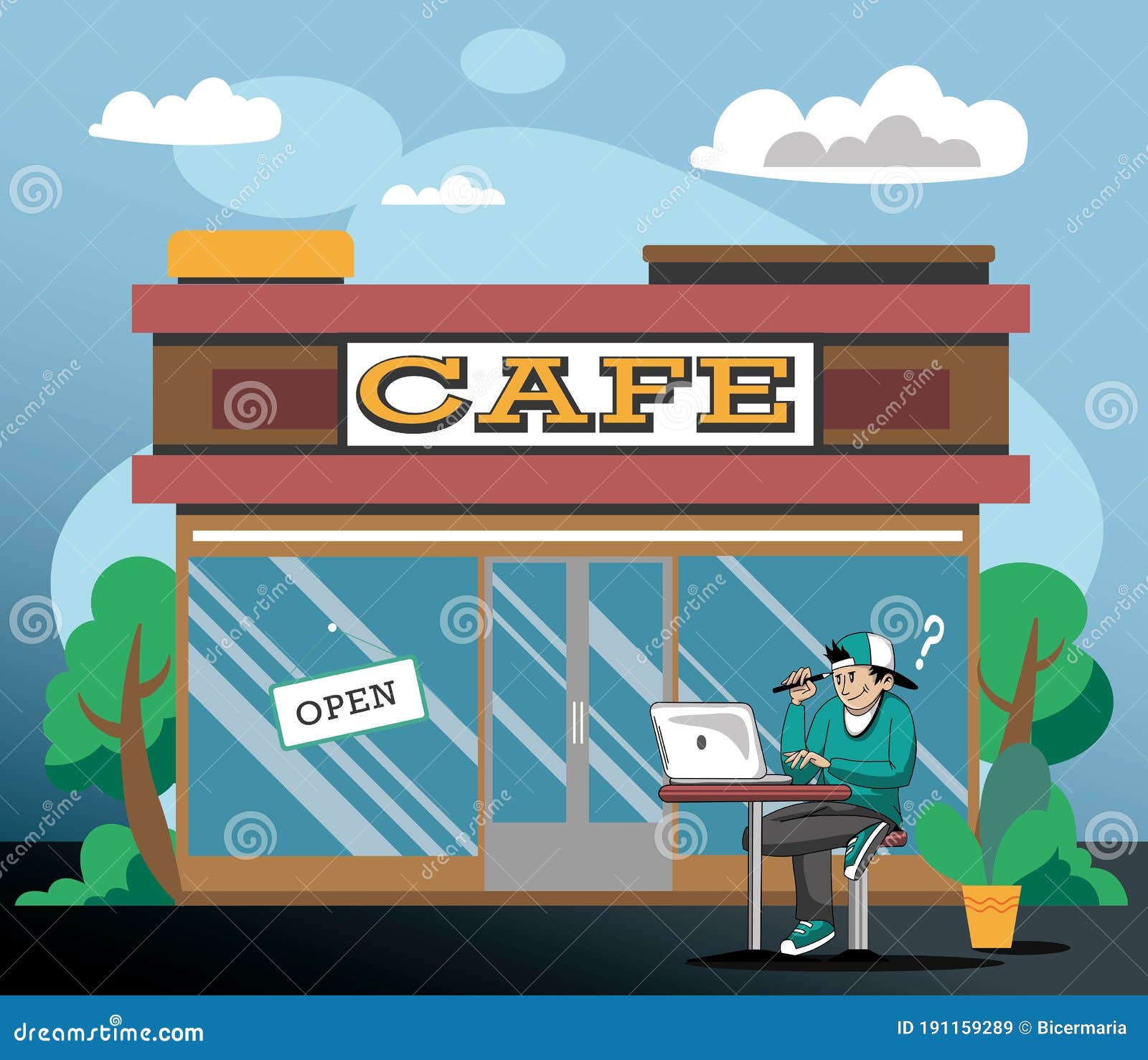 Boy Working Outside the Cafe, Surfing Internet, Studing or Blogging ...