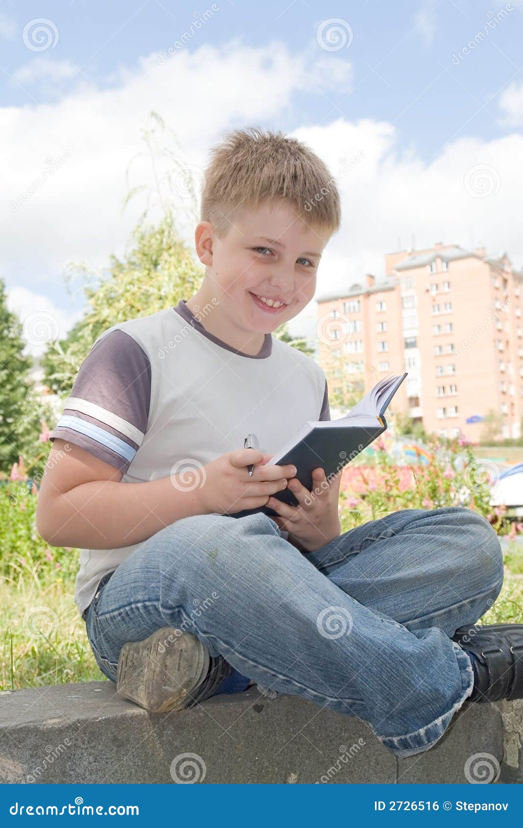 Boy writes stock photo. Image of childhood, pencil, park - 2726516