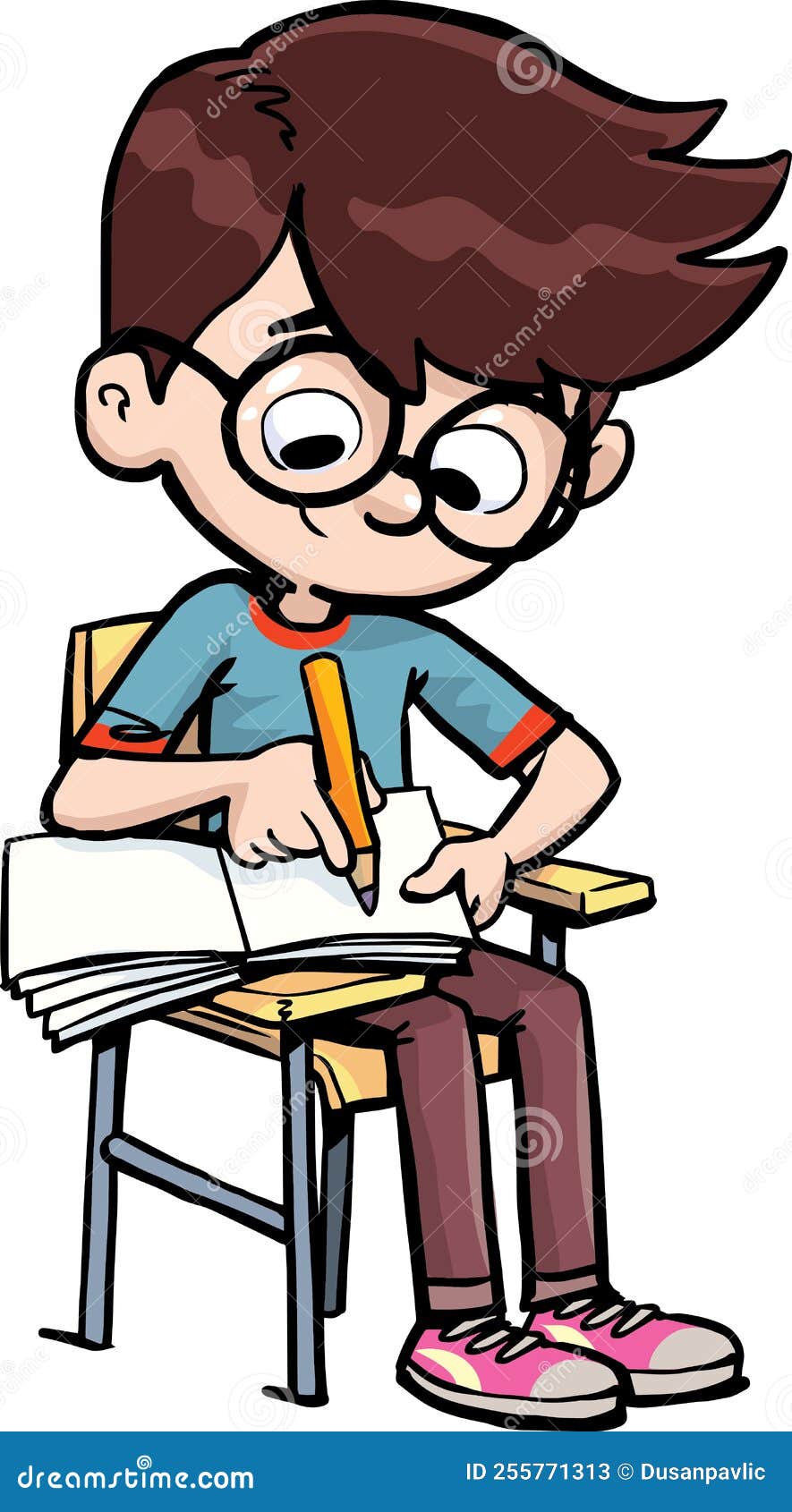 Boy Writes in a Notebook while Sitting on Chair Stock Illustration ...