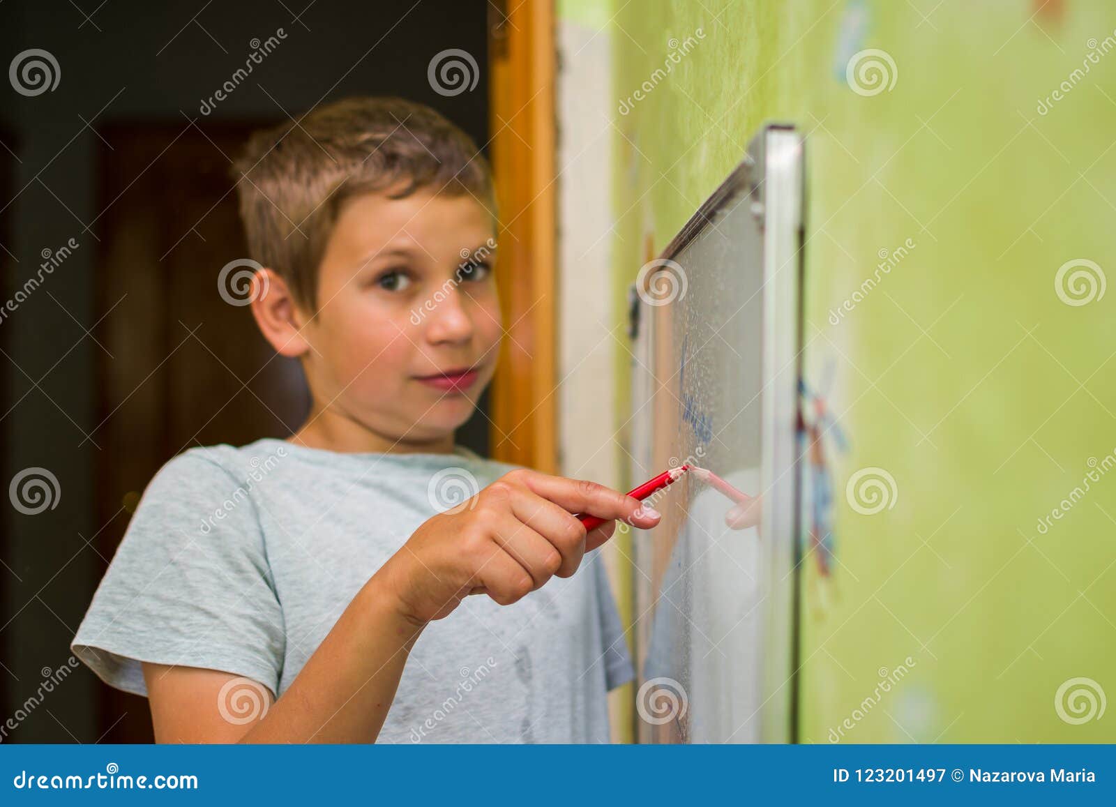 Boy Writes on a White Board Stock Image - Image of head, cute: 123201497