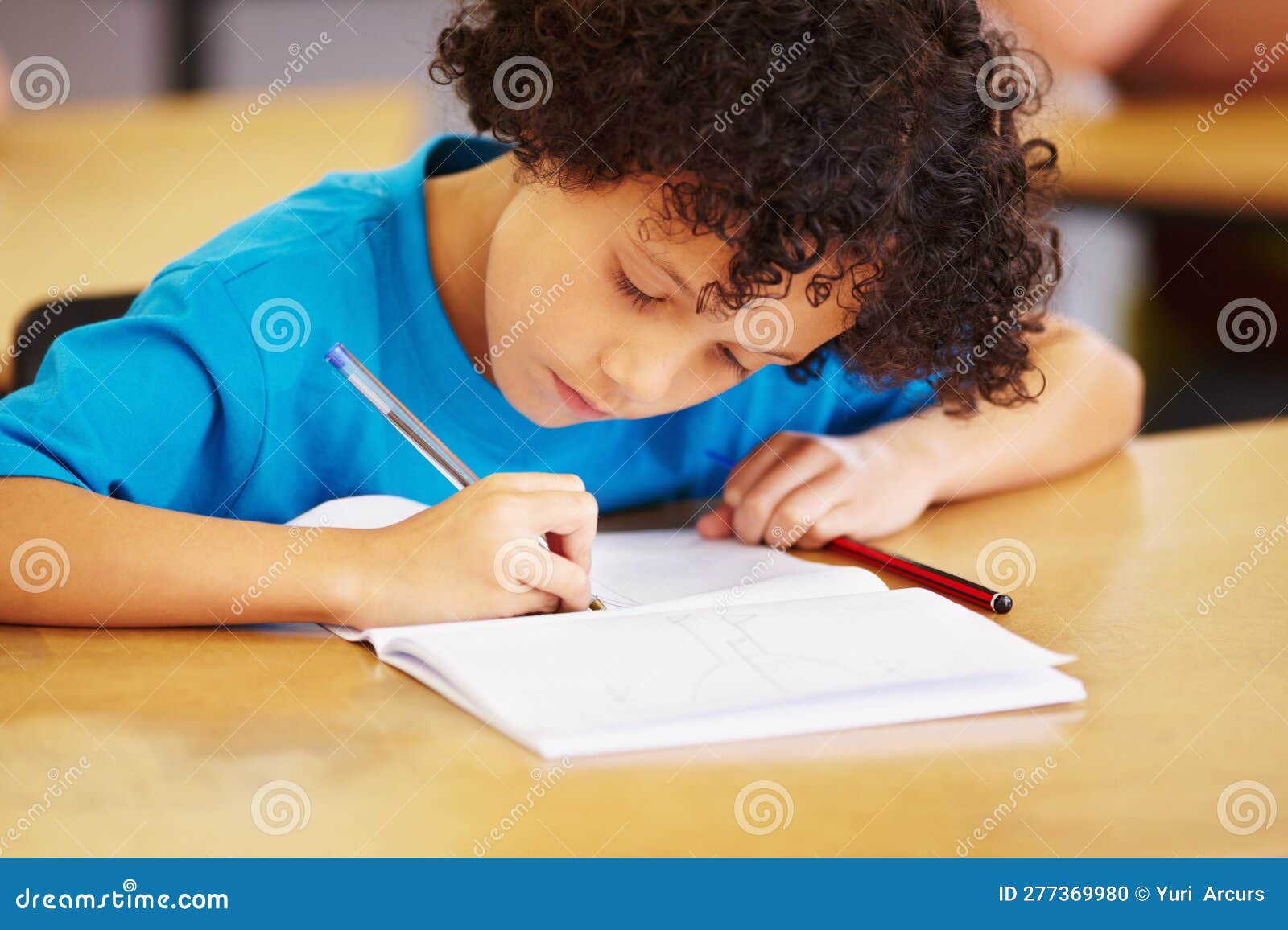 Boy, Writing and Book in School Classroom for Learning, Focus or ...
