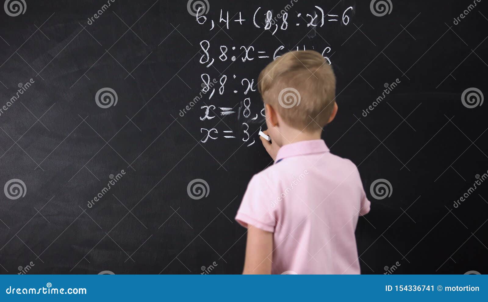 Boy Writing on Chalkboard Math Equation, Solving Exercise, Education ...