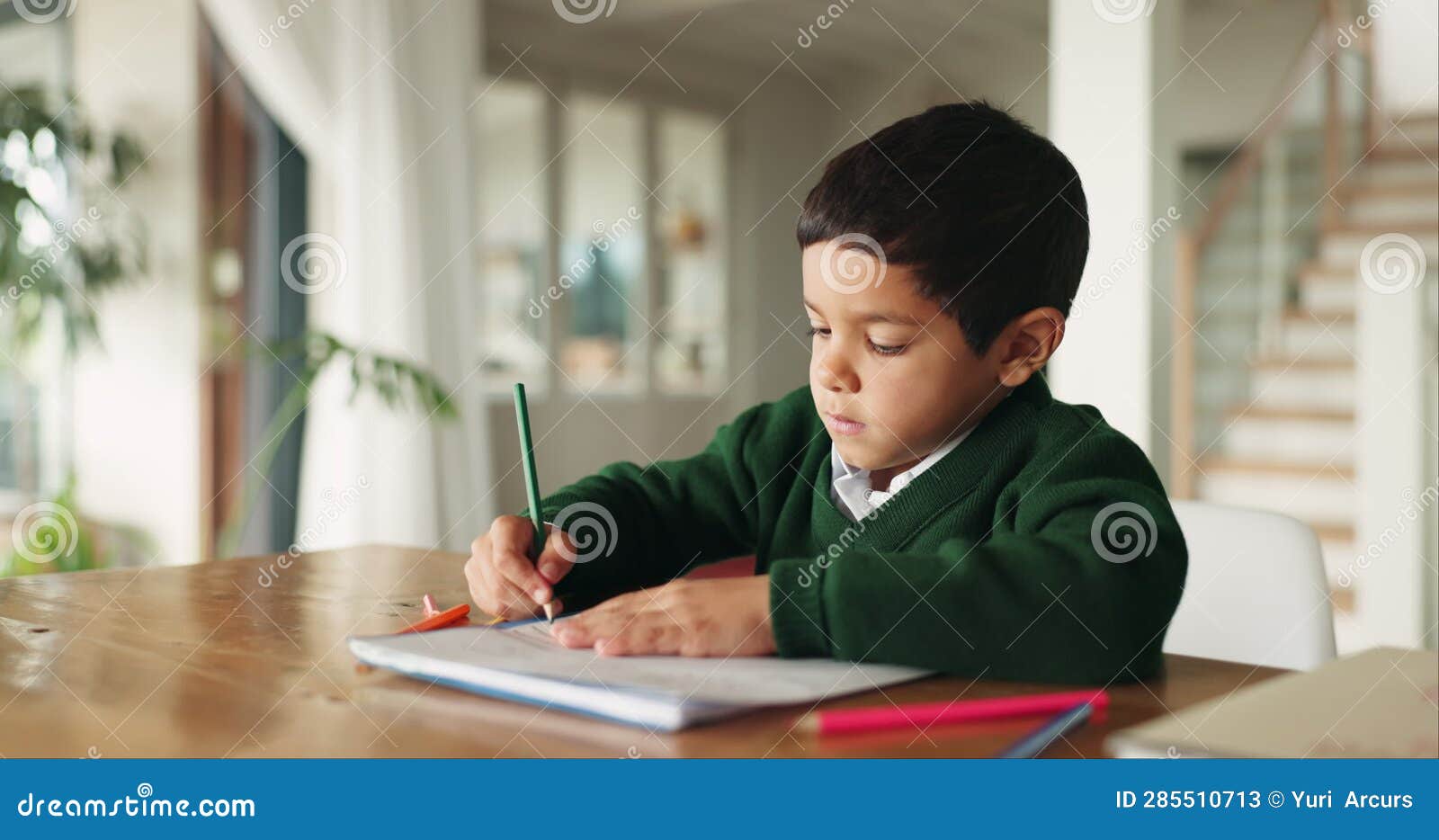 Boy, Writing and Learning with Thinking, Home and Pencil for Problem ...