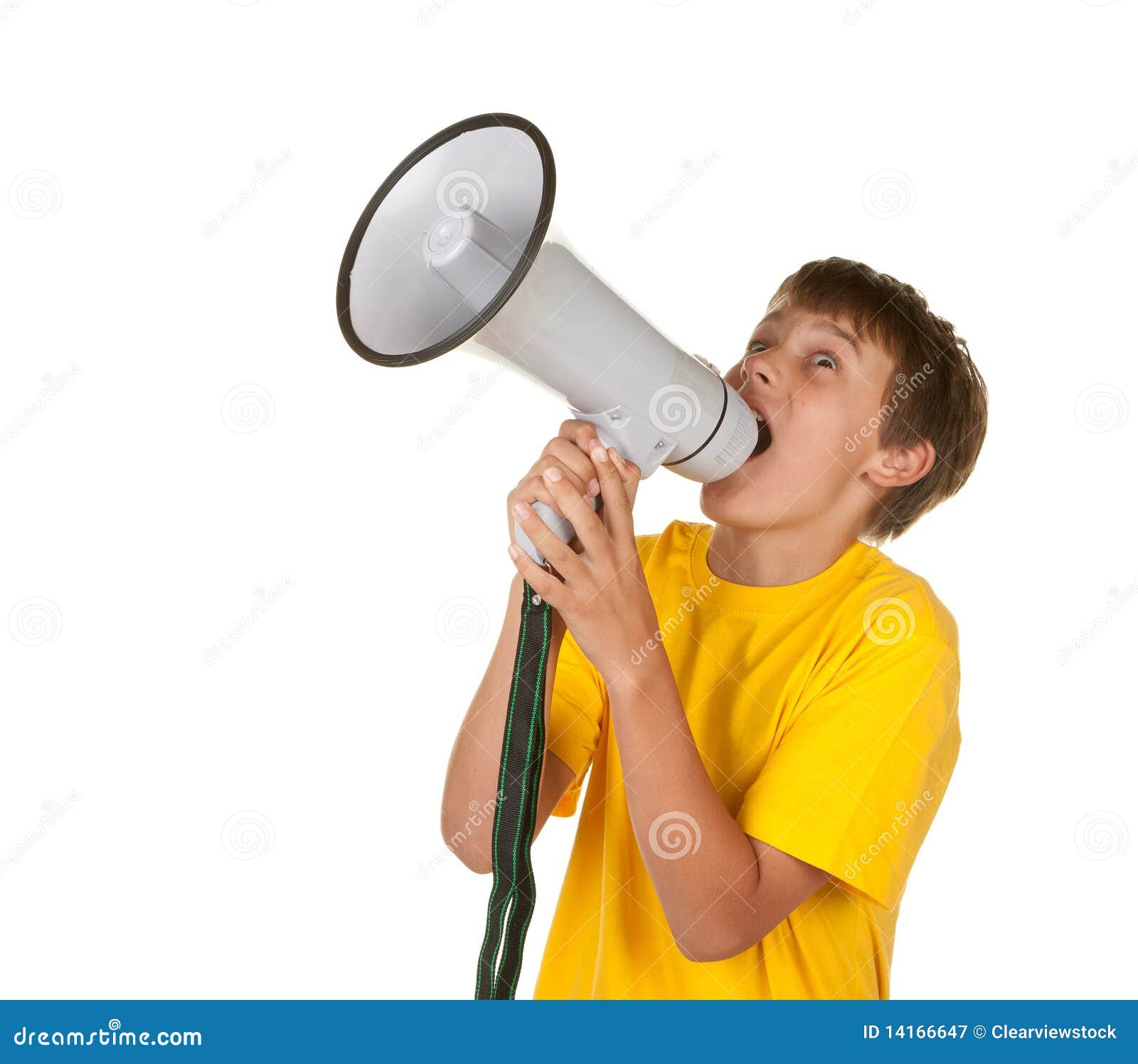 Boy yelling into megaphone stock image. Image of talking - 14166647