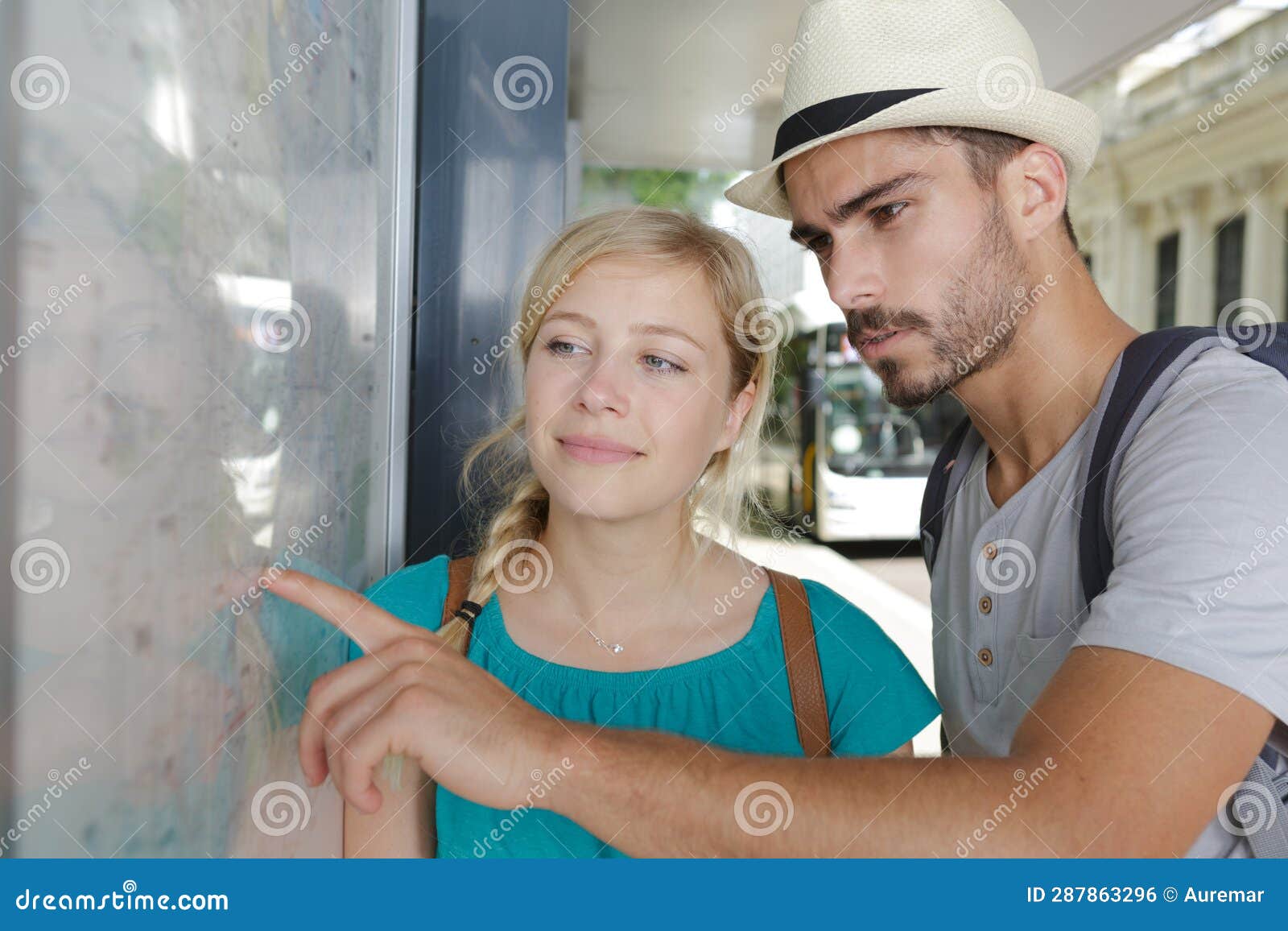 Boyfriend Checking Area Map Stock Photo - Image of route, tour: 287863296