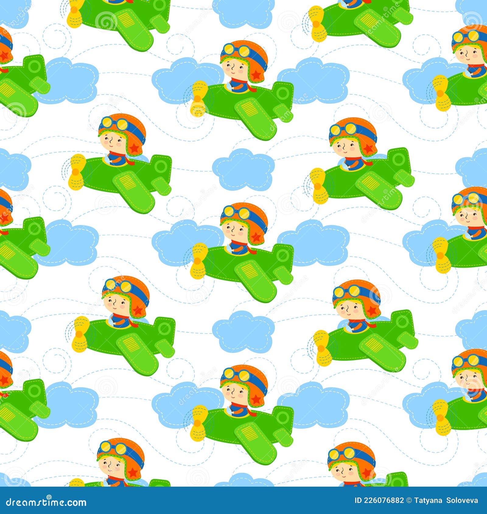 Boyr on an Airplane. Cute Pilot Seamless Pattern. Design for Kids ...