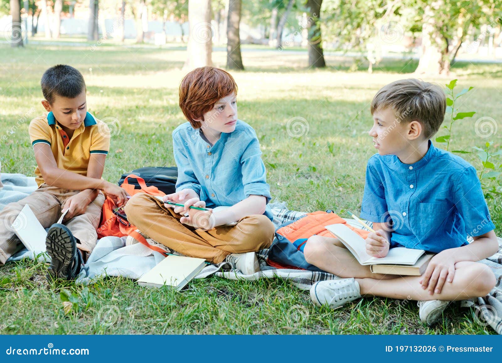 Boys Discussing School Project Outdoors Stock Photo - Image of ...