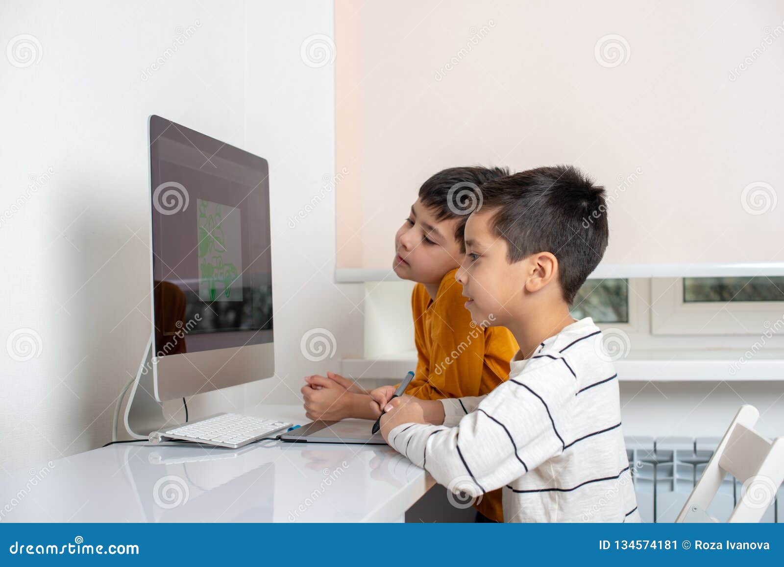 Boys Draw on a Computer Using a Tablet Stock Image - Image of passion ...