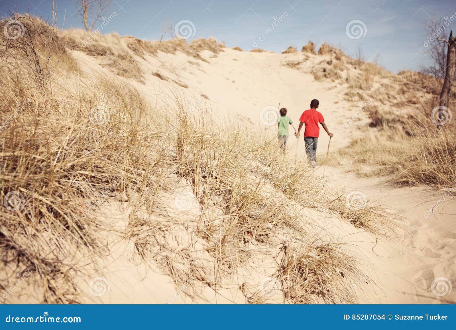 Boys exploring a sand dune stock photo. Image of adventure - 85207054