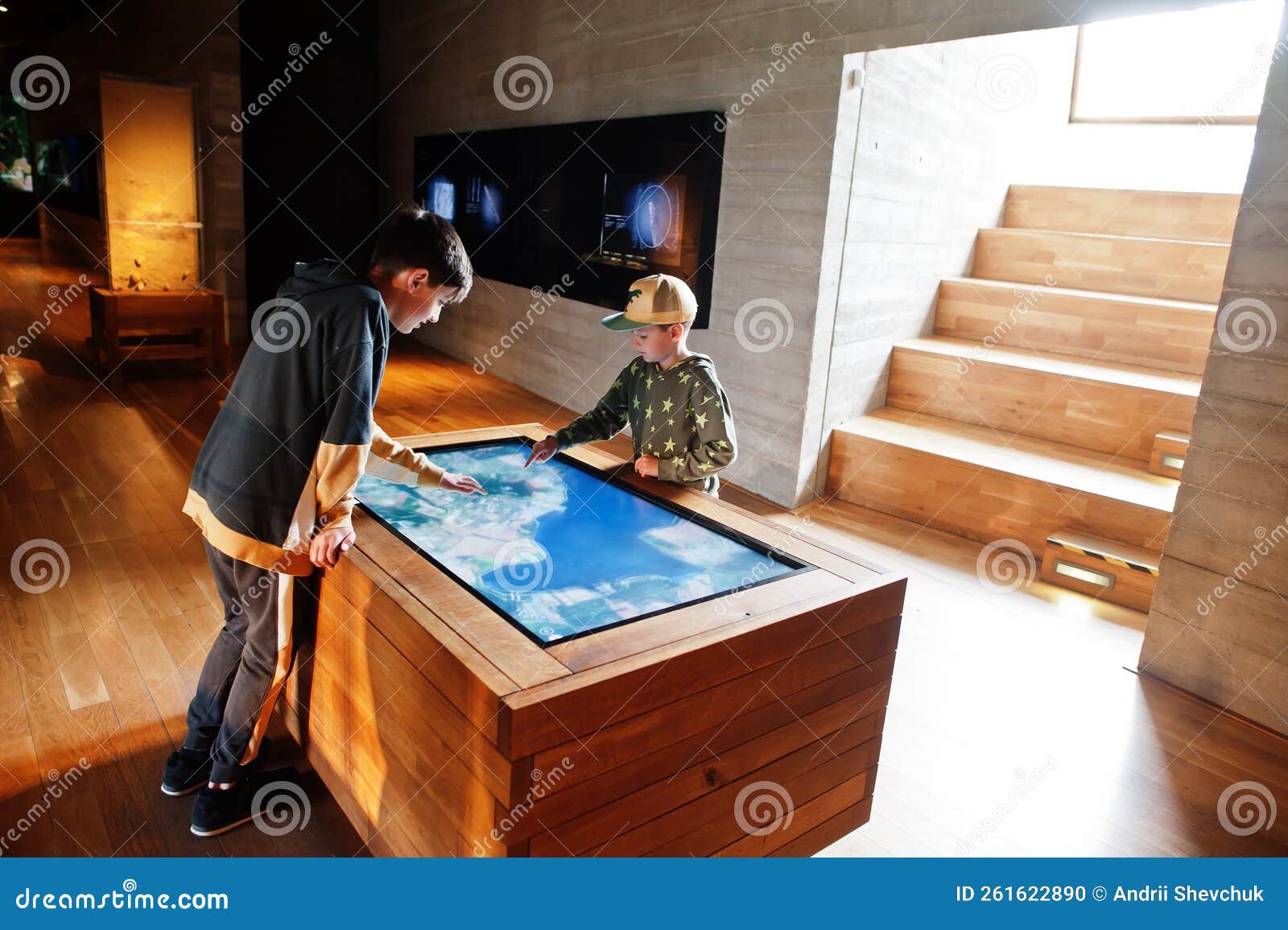 Boys Exploring Virtuality Screen Map in Museum Stock Photo - Image of ...