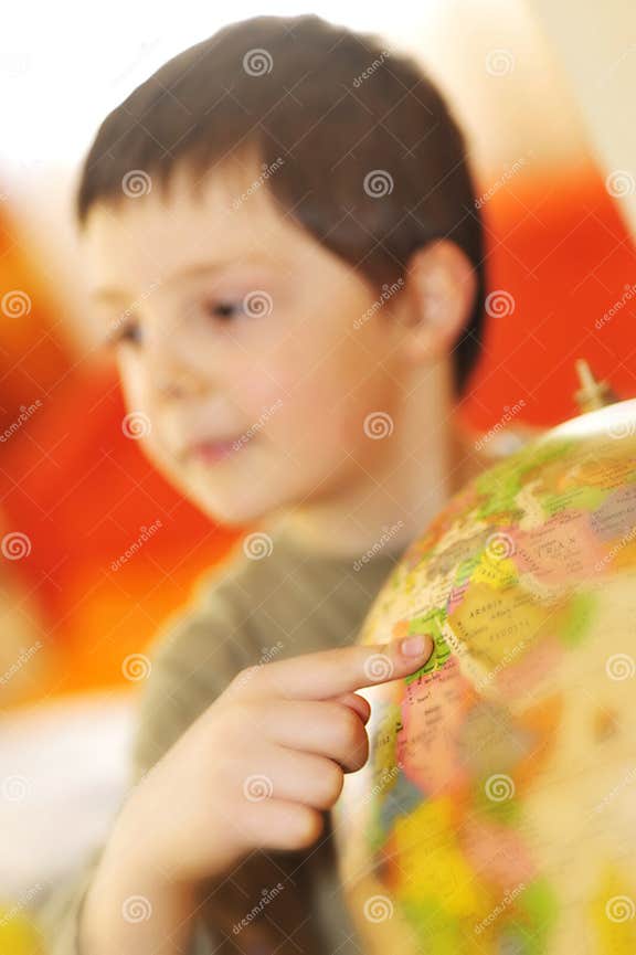 Boys Finger Pointing on World Globe Stock Image - Image of geography ...