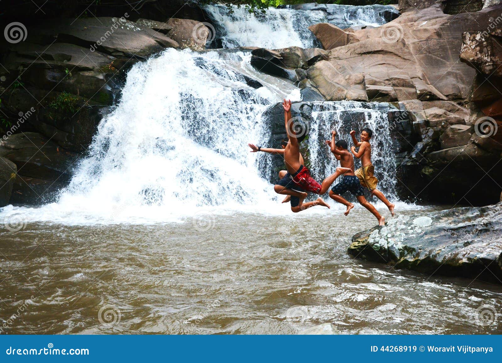 Boys Funny Waterfall editorial stock image. Image of happiness - 44268919