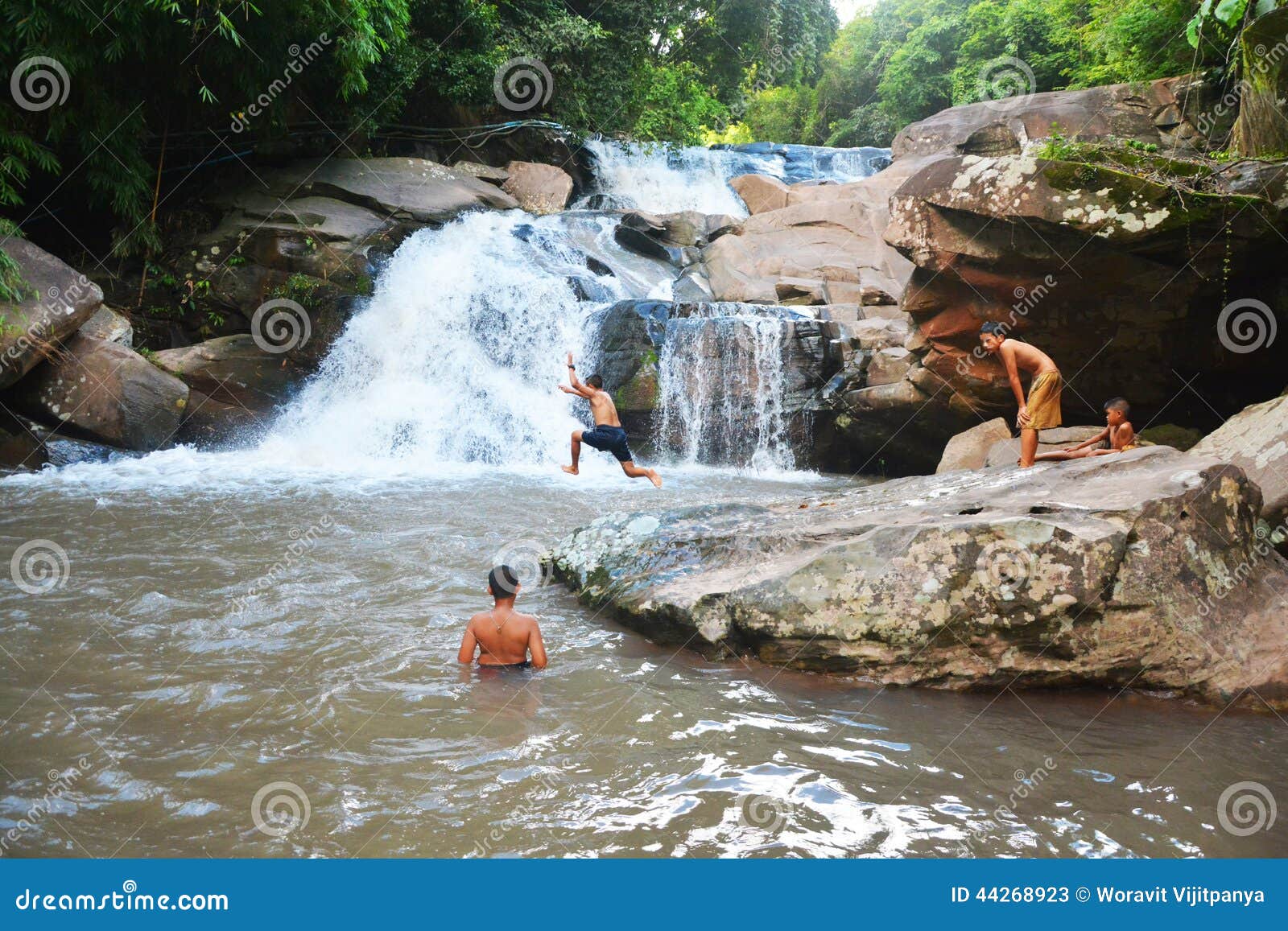 Boys Funny Waterfall editorial stock photo. Image of kids - 44268923