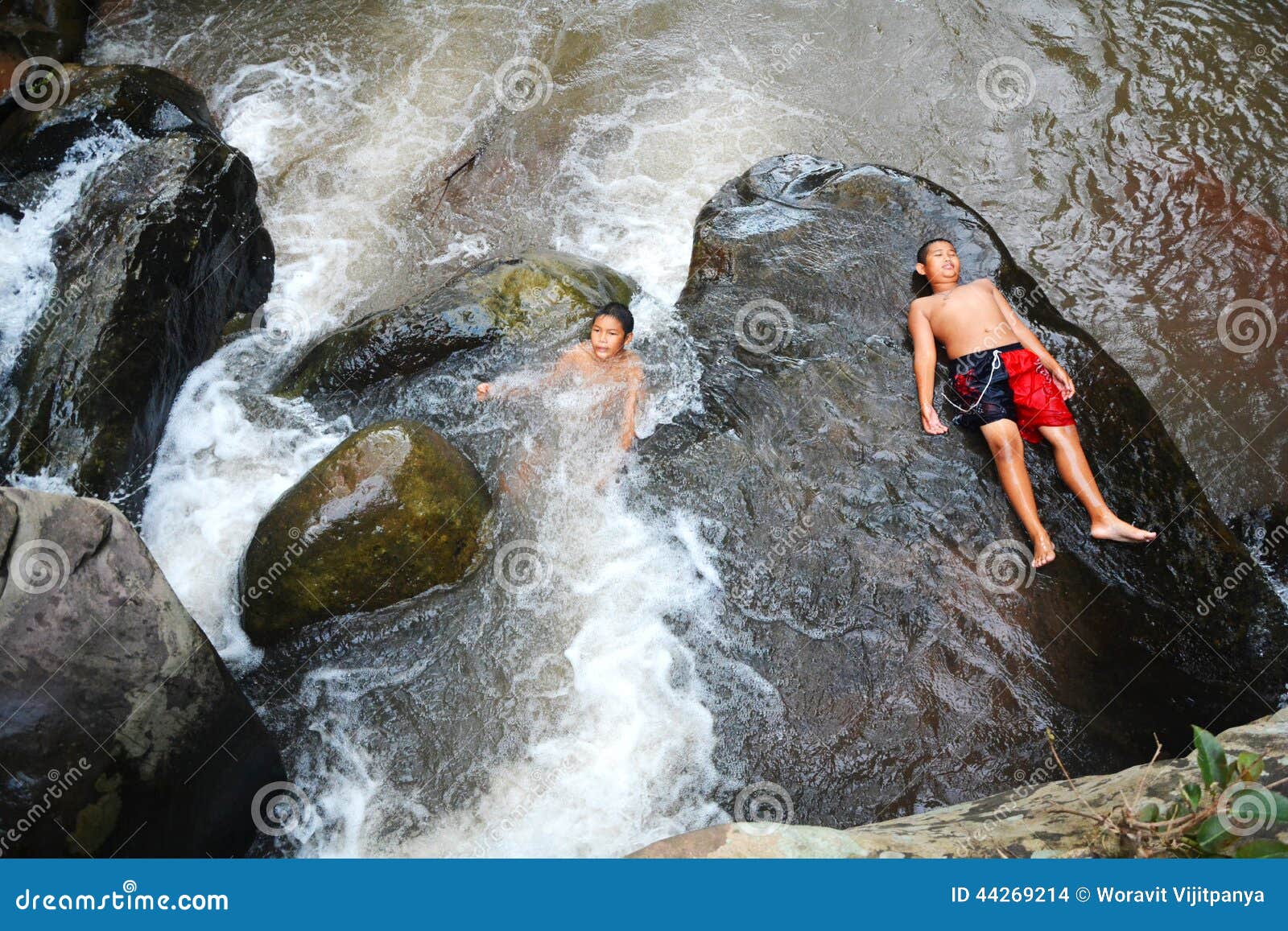 Boys Funny Waterfall editorial stock image. Image of happiness - 44269214