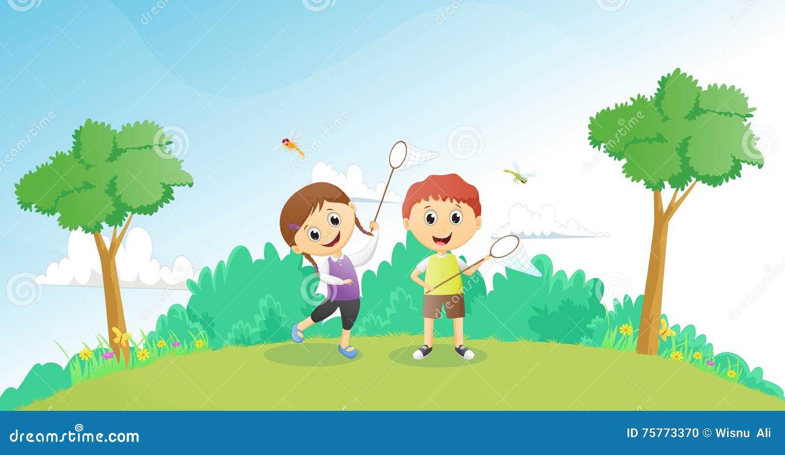 Boys and Girls Catching Dragonflies Stock Vector - Illustration of ...