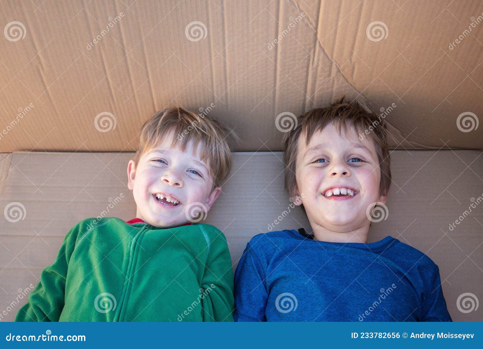 Boys Having Fun Inside a Large Carton Box Stock Photo - Image of brown ...