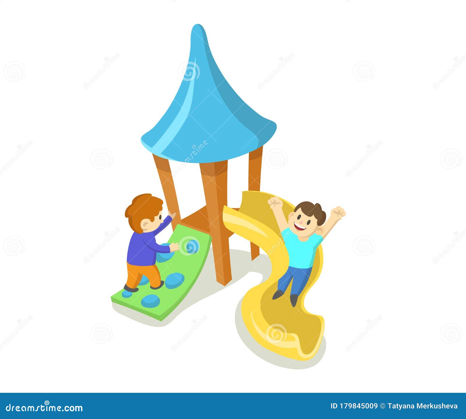 Boys Having Fun Playing On A Slide. Cartoon Flat Vector Illustration ...