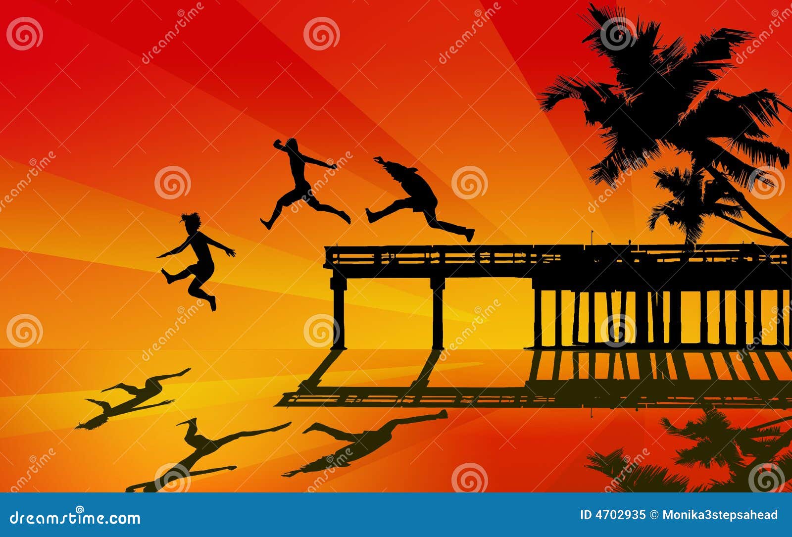 Boys jumping from pier stock illustration. Illustration of sunset - 4702935