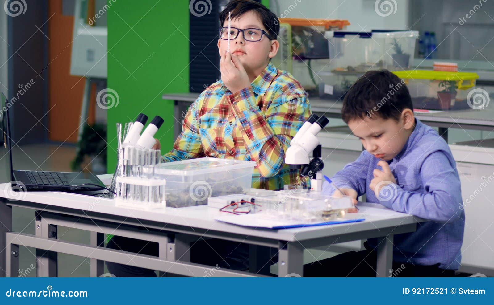 The Boys in the Laboratory Performing the Study, Science Experiment. 4K ...