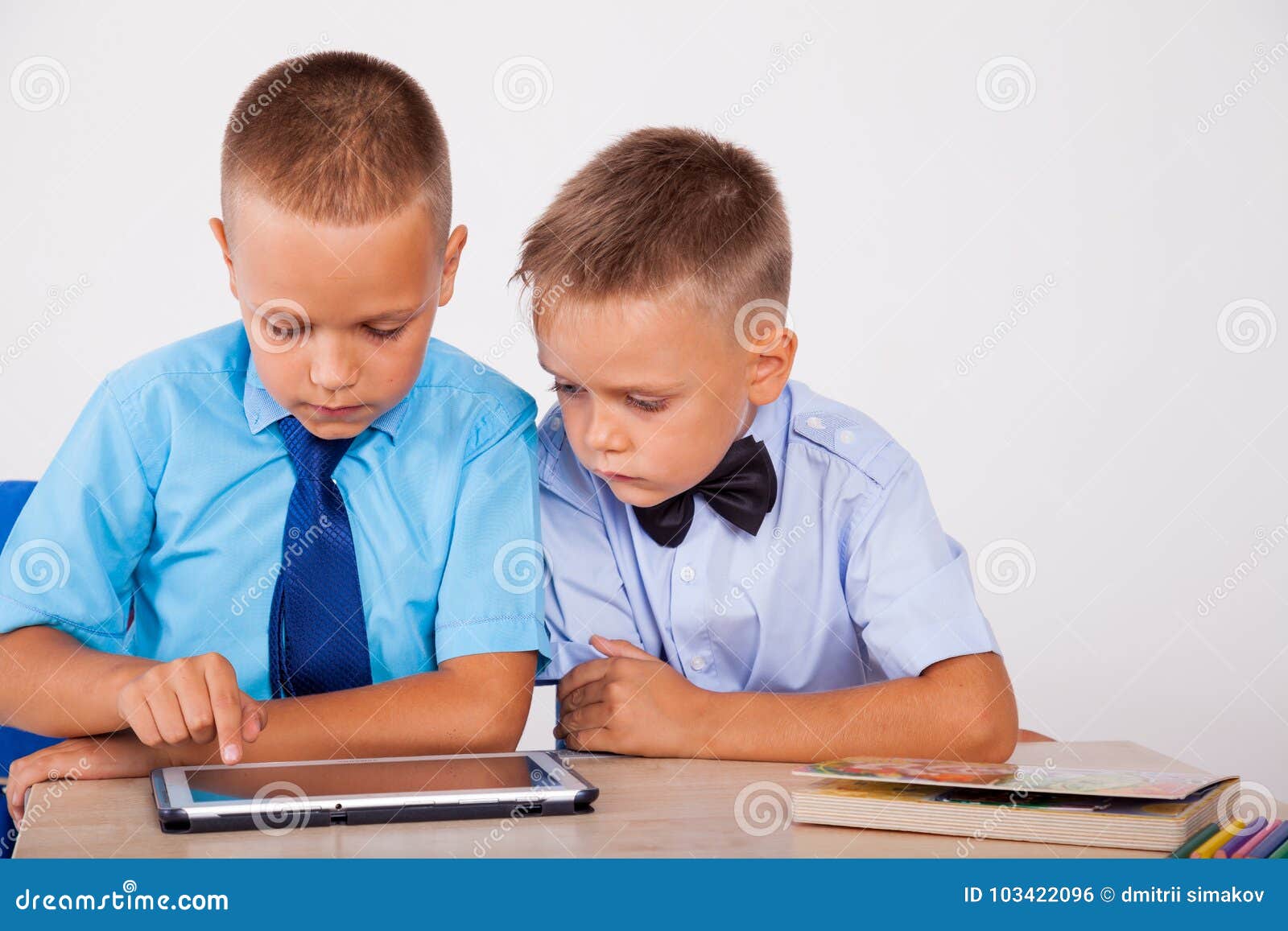 Boys Learn Lessons Internet Tablet Stock Photo - Image of hispanic ...