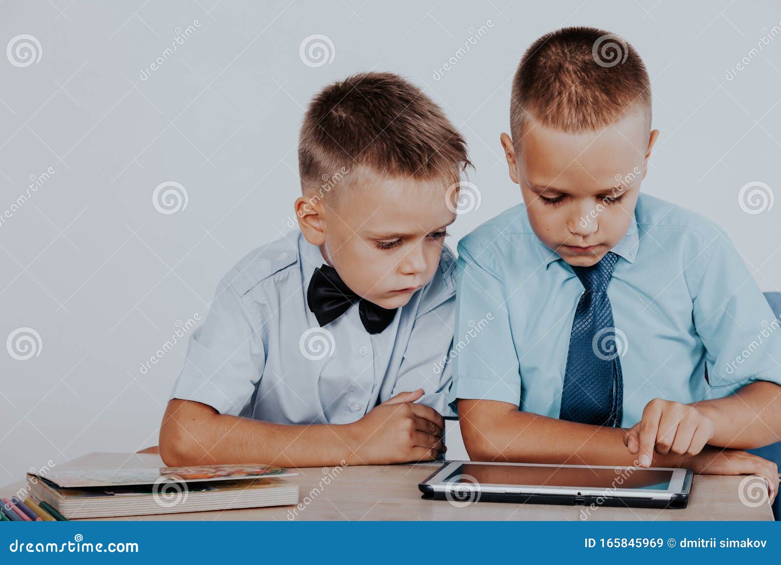 Boys Learn Lessons Internet Tablet School Classroom Stock Image - Image ...