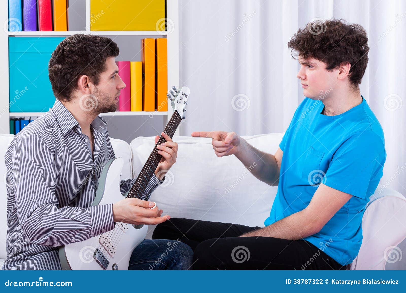 Boys Learning To Play the Guitar Stock Photo - Image of partner, hobby ...