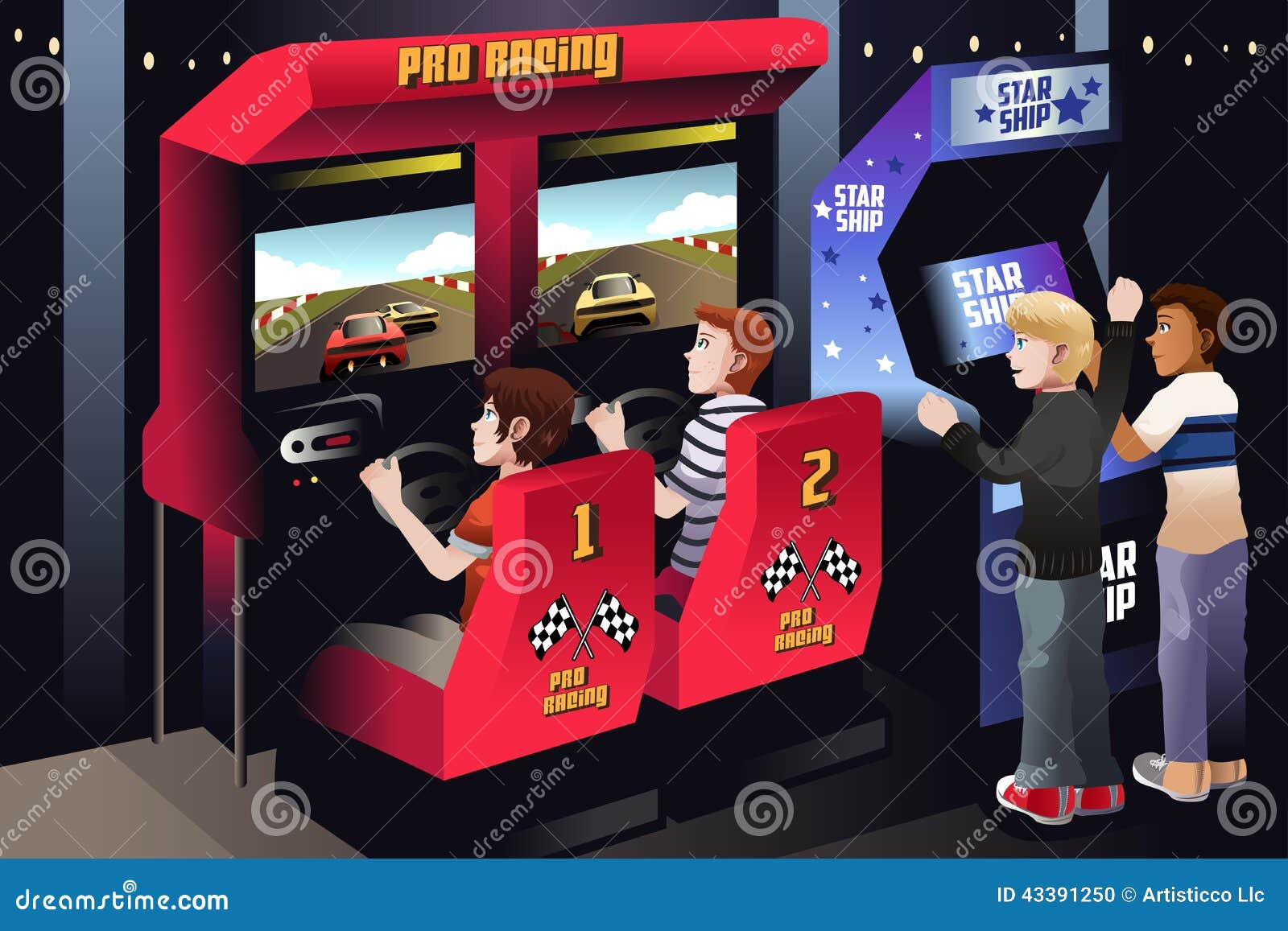 Boys Playing Car Racing in an Arcade Stock Vector - Illustration of ...