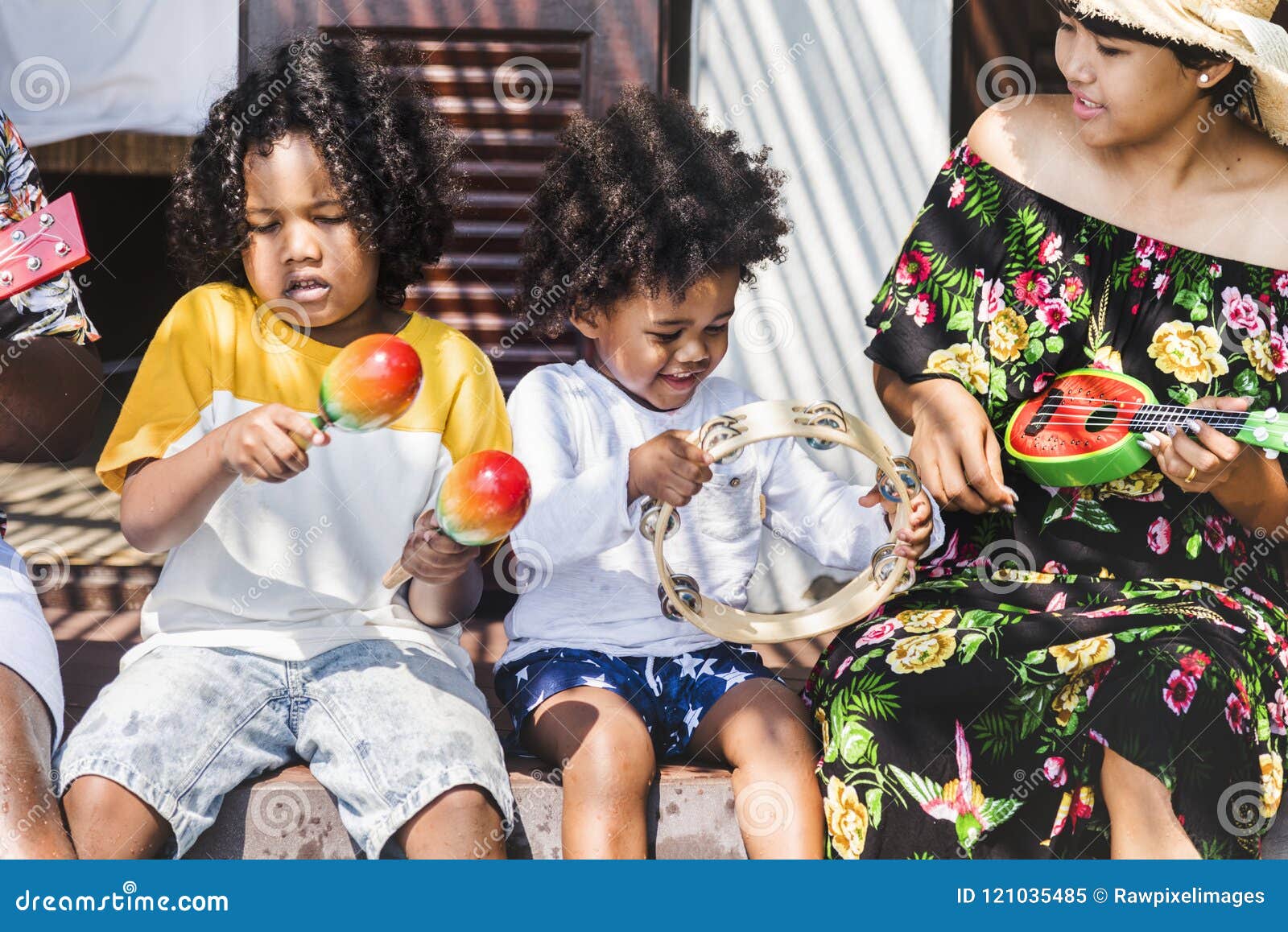 Boys Playing Music by the Pool Stock Image - Image of parent ...