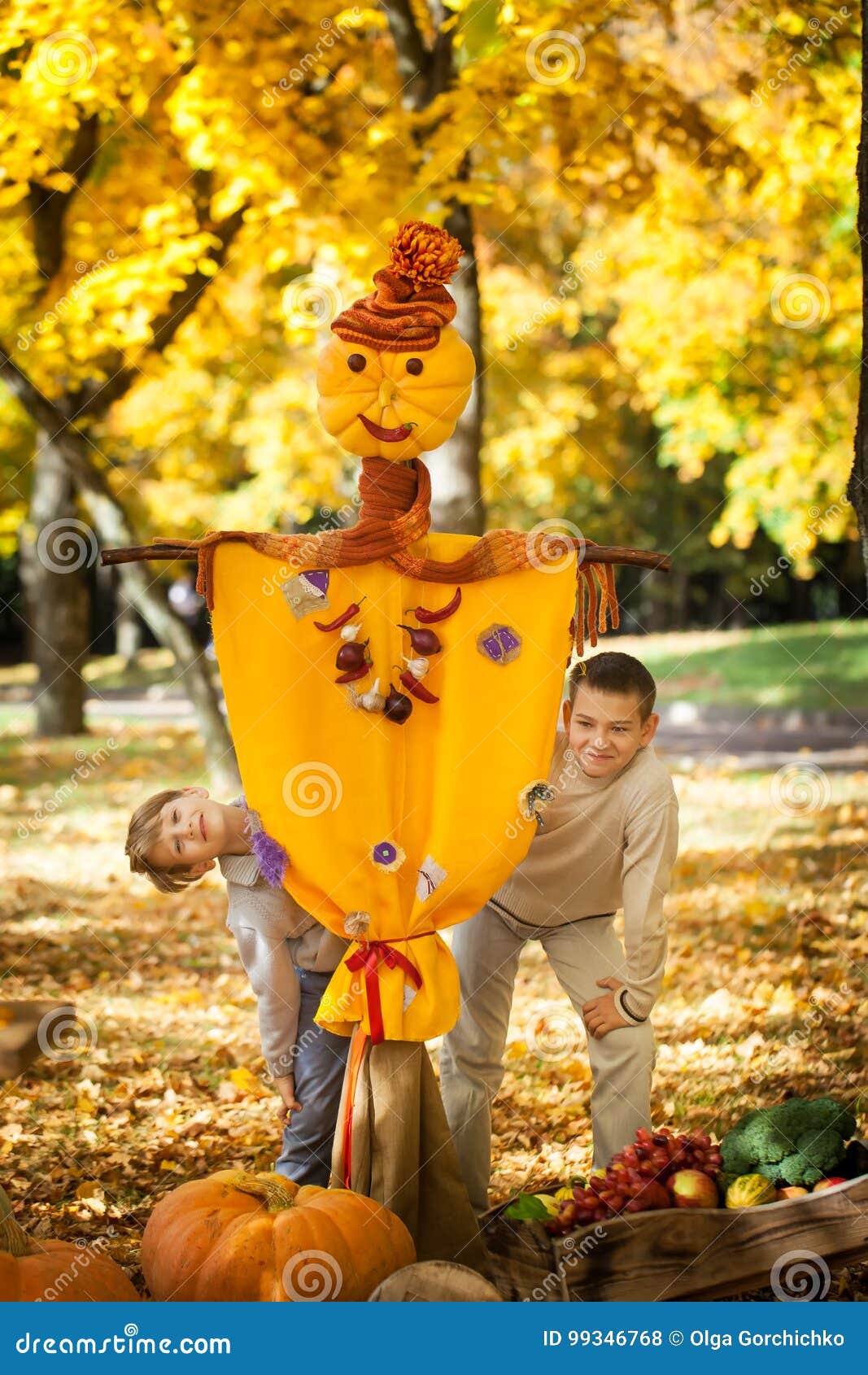 Boys with a scarecrow stock photo. Image of cheerful - 99346768
