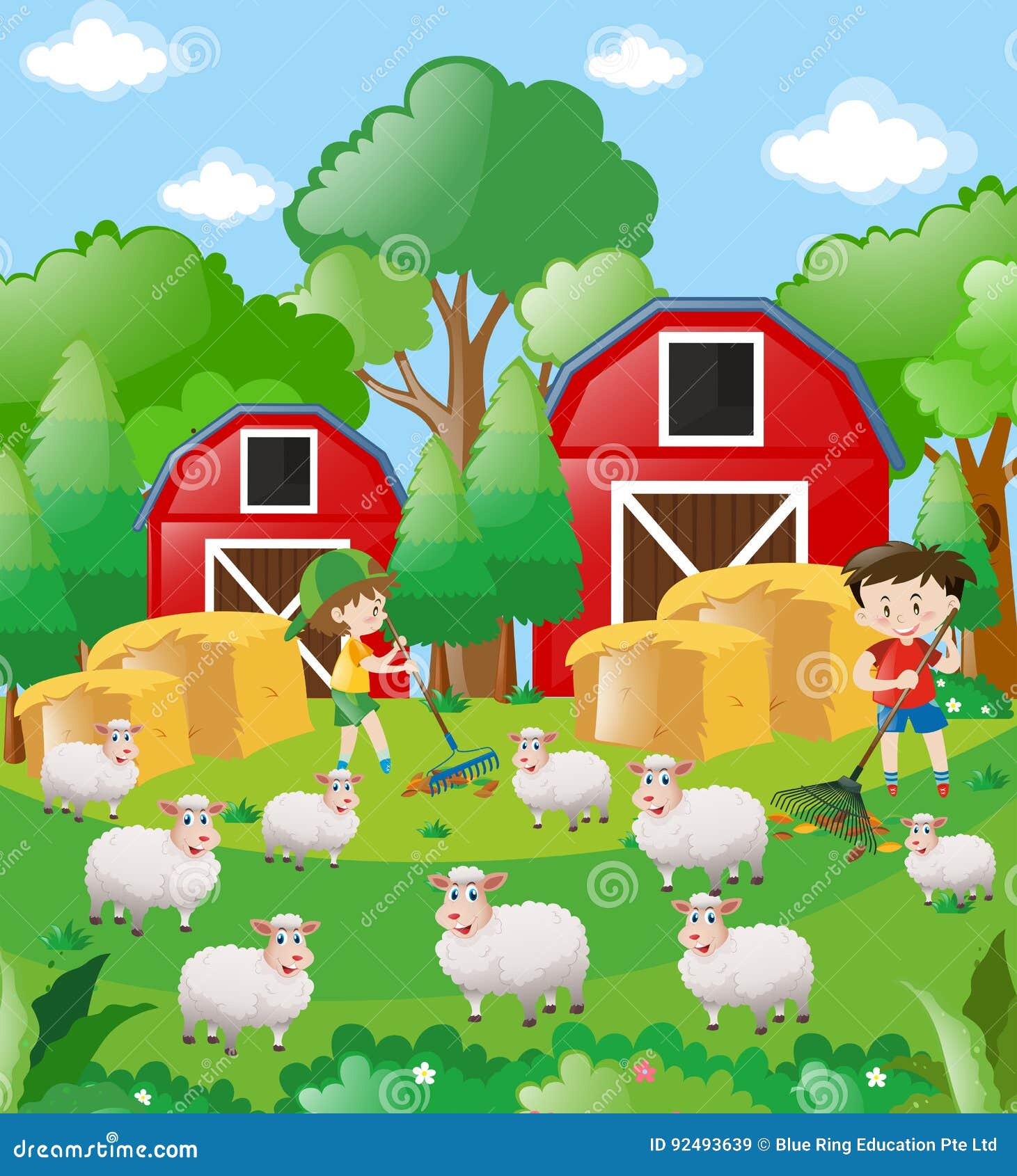 Boys And Sheep In The Farmyard Cartoon Vector | CartoonDealer.com #92493639