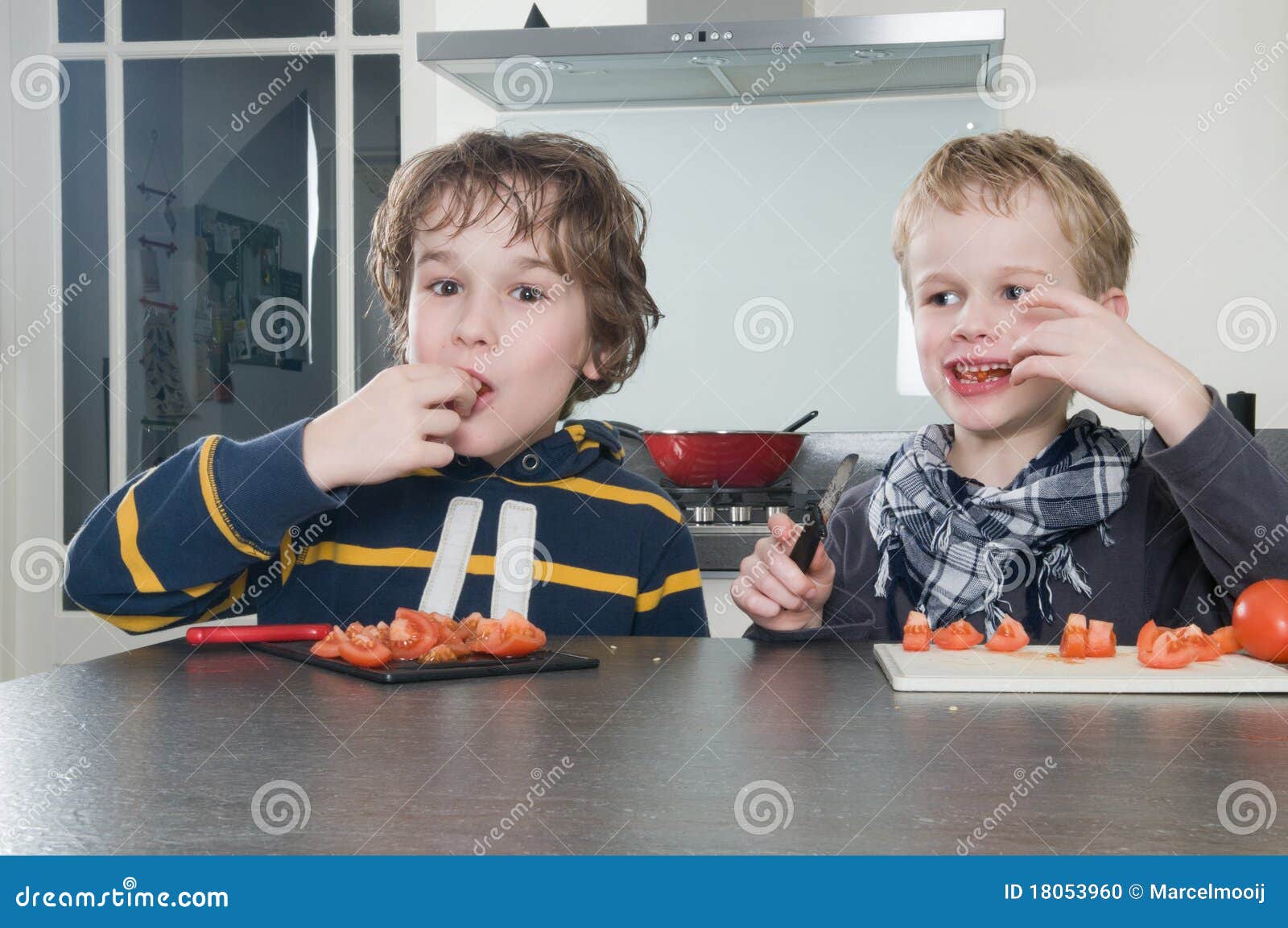 Boys tasting tomato stock photo. Image of kitchen, concentration - 18053960